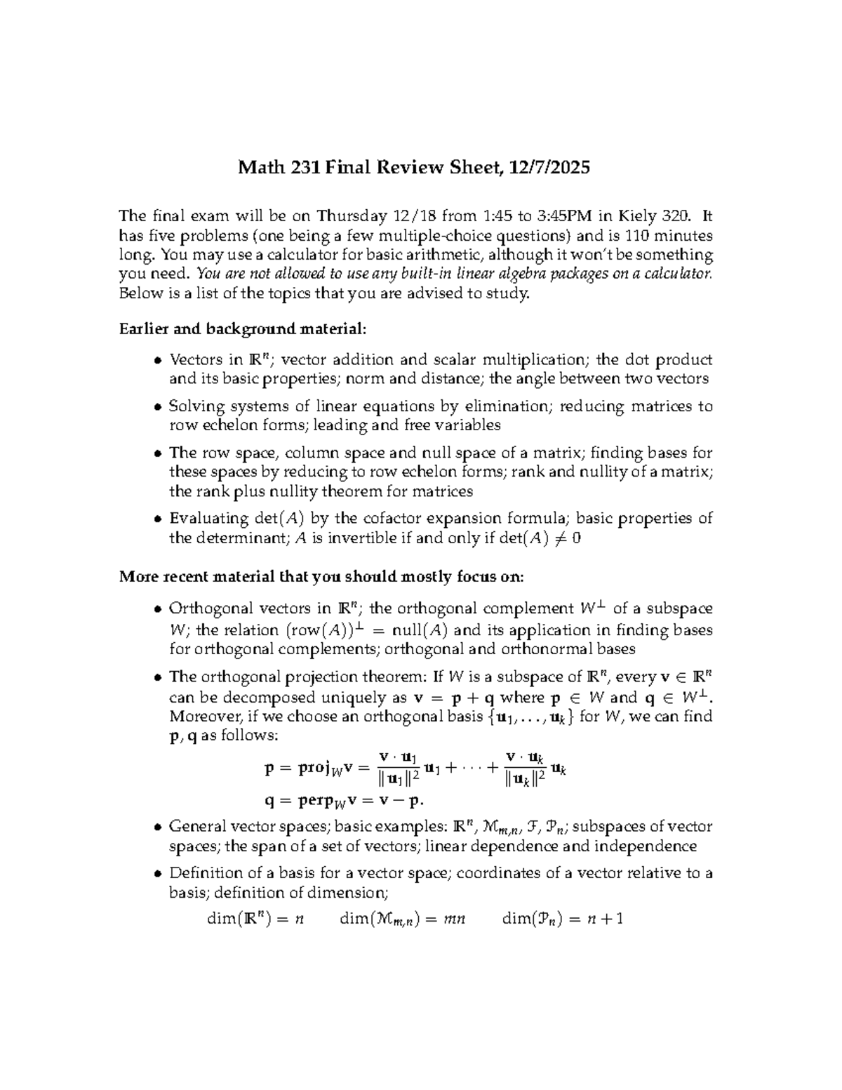 Math 231 Final Exam Review Guide: Key Topics & Practice Problems - Studocu