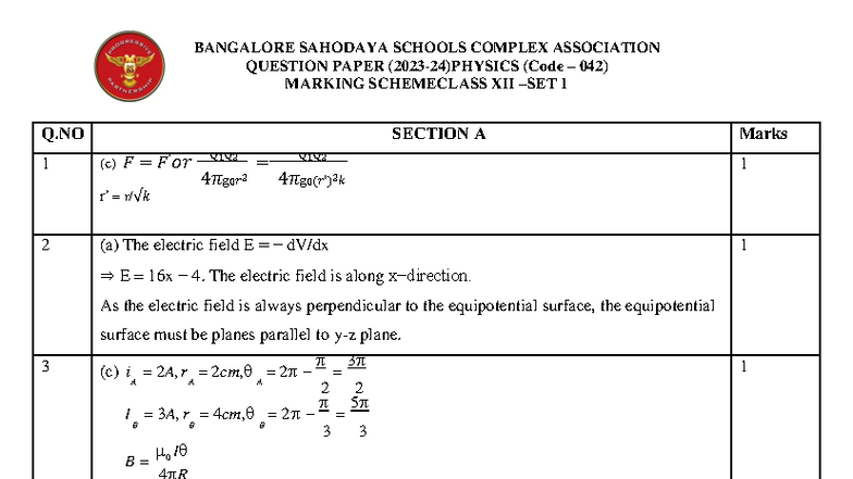 BANGALORE SAHODAYA SCHOOLS COMPLEX PHYSICS SET A (Code 042) ANSWER KEY ...