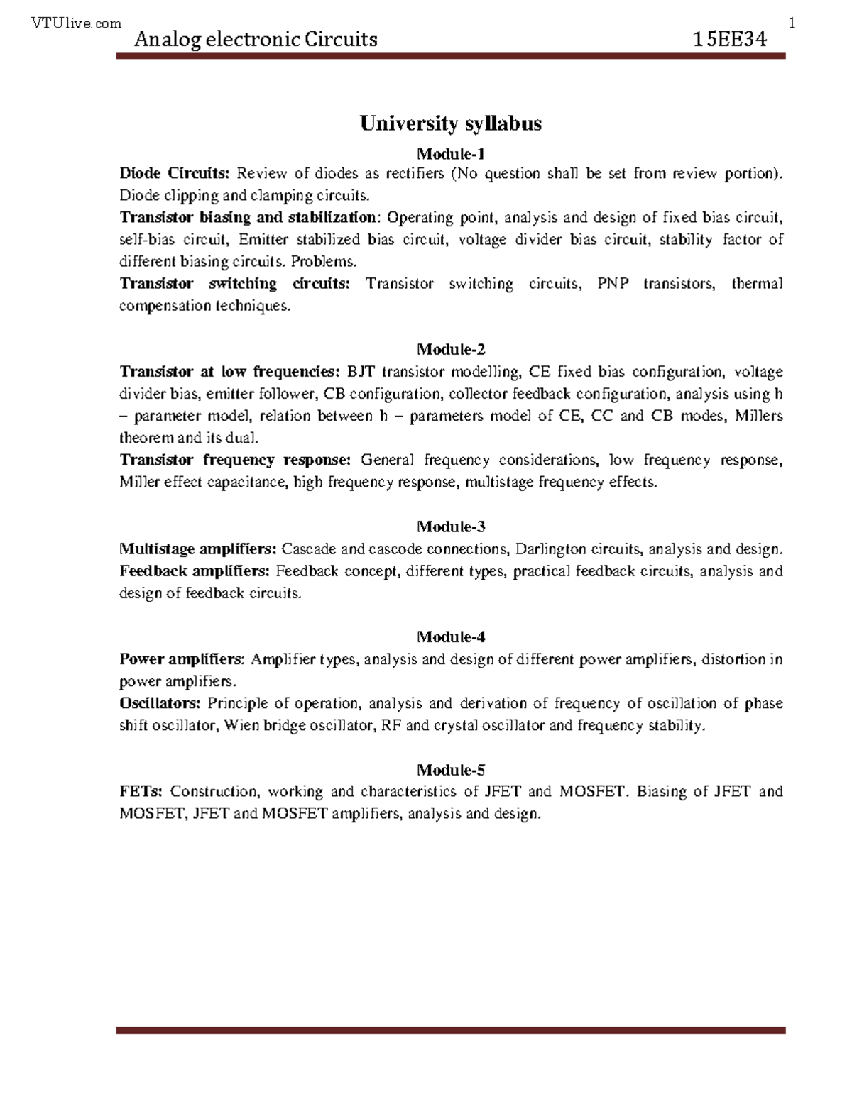 VTU 15EE34 Analog Electronic Circuits: Diode & Transistor Analysis - Studocu