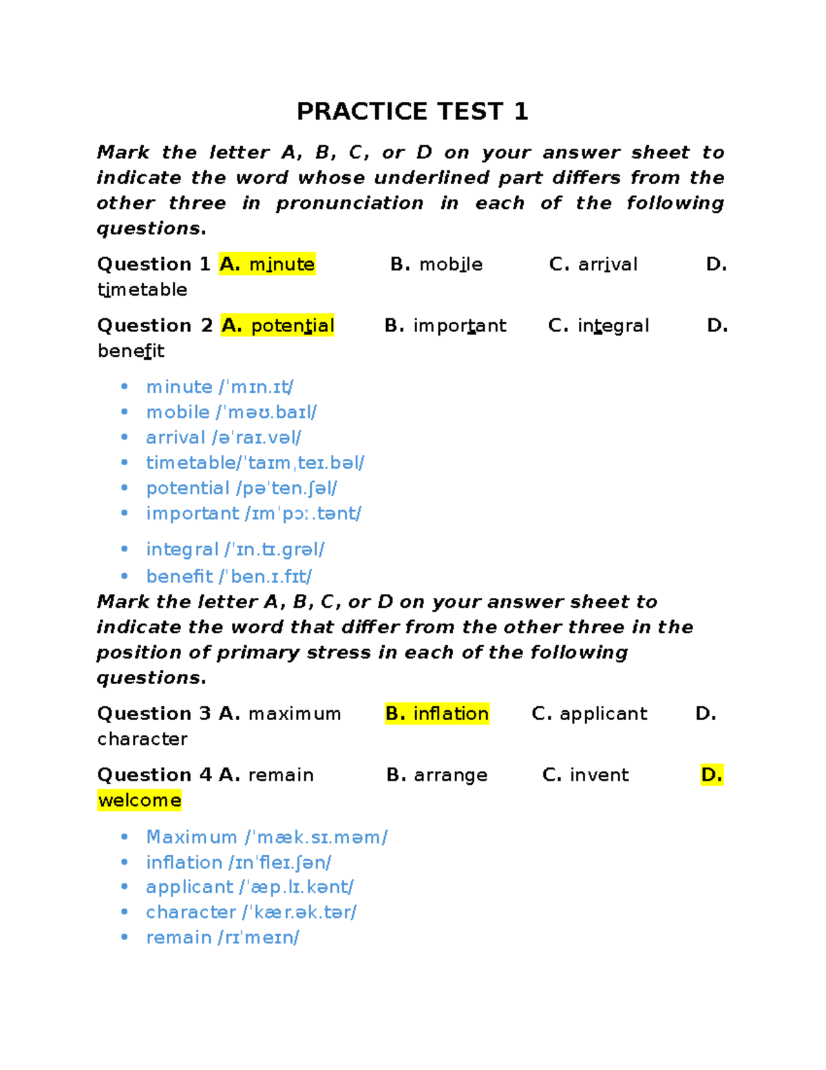 Practice Test 1 (3) - Pronunciation & Stress Questions - Studocu