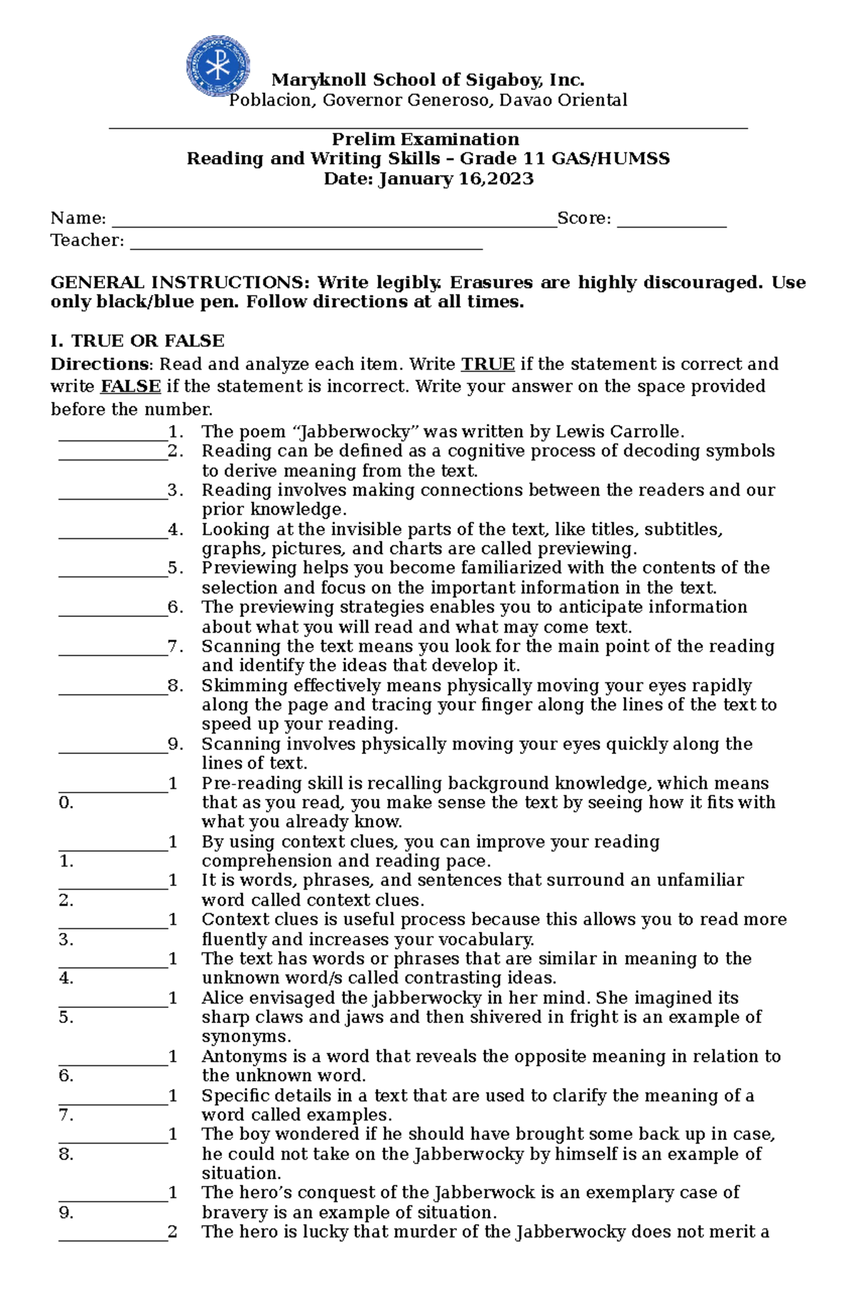 Grade 11 Reading and Writing (Prelim Exam) - Skills Assessment - Studocu
