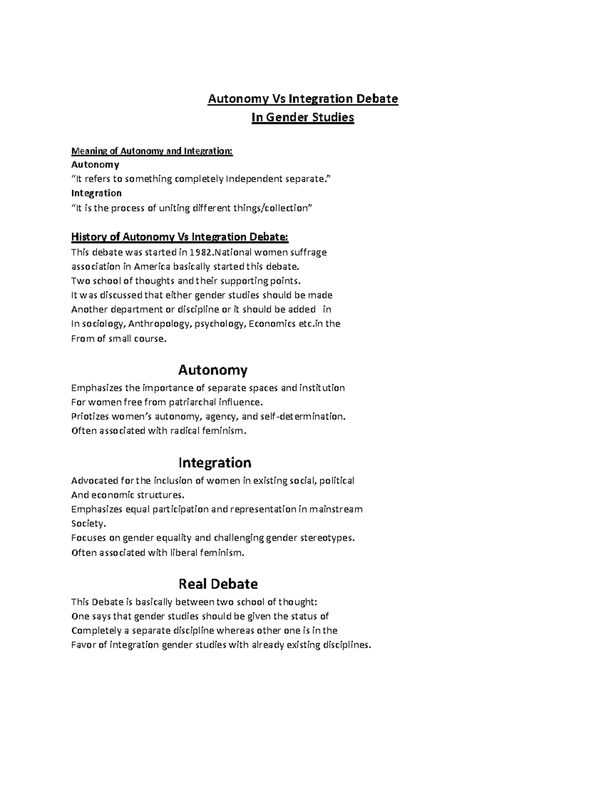 Autonomy vs Integration Debate in Gender Studies Analysis - Studocu