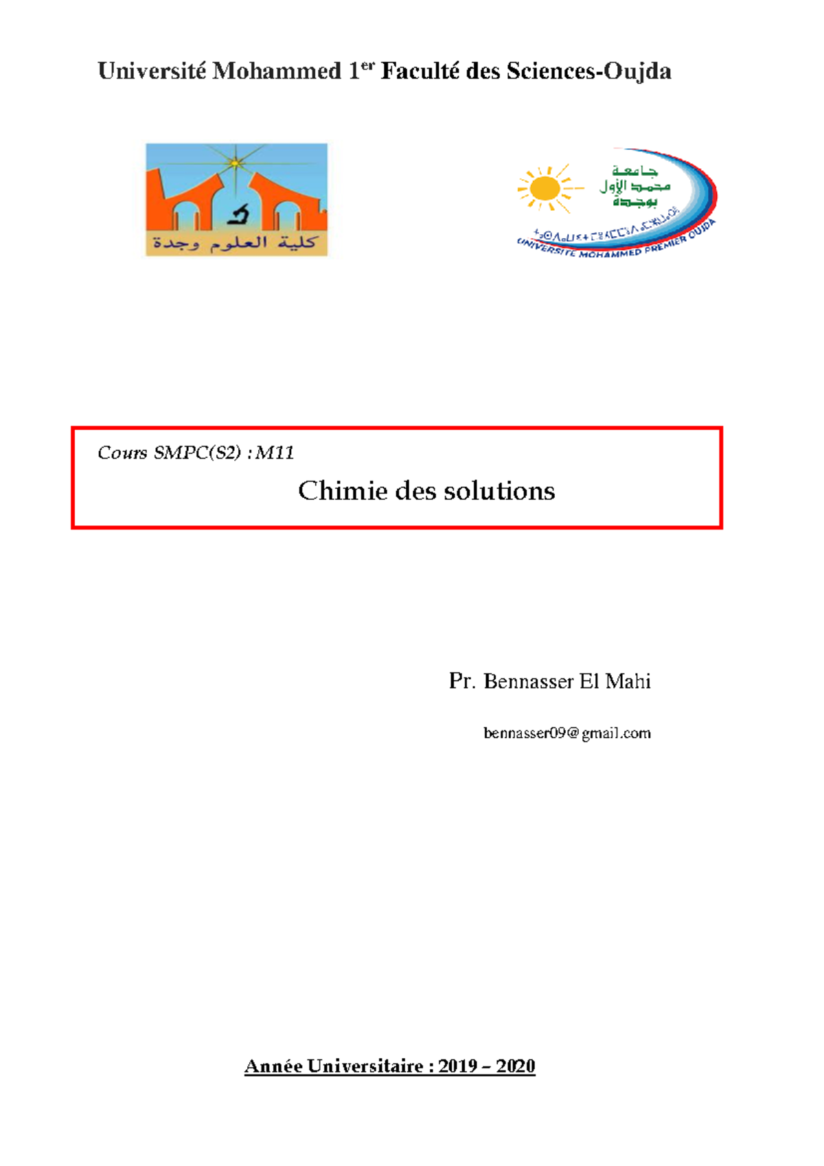 Chimie des Solutions : Cours SMPC S2 par Pr. El Mahi (2019-2020) - Studocu