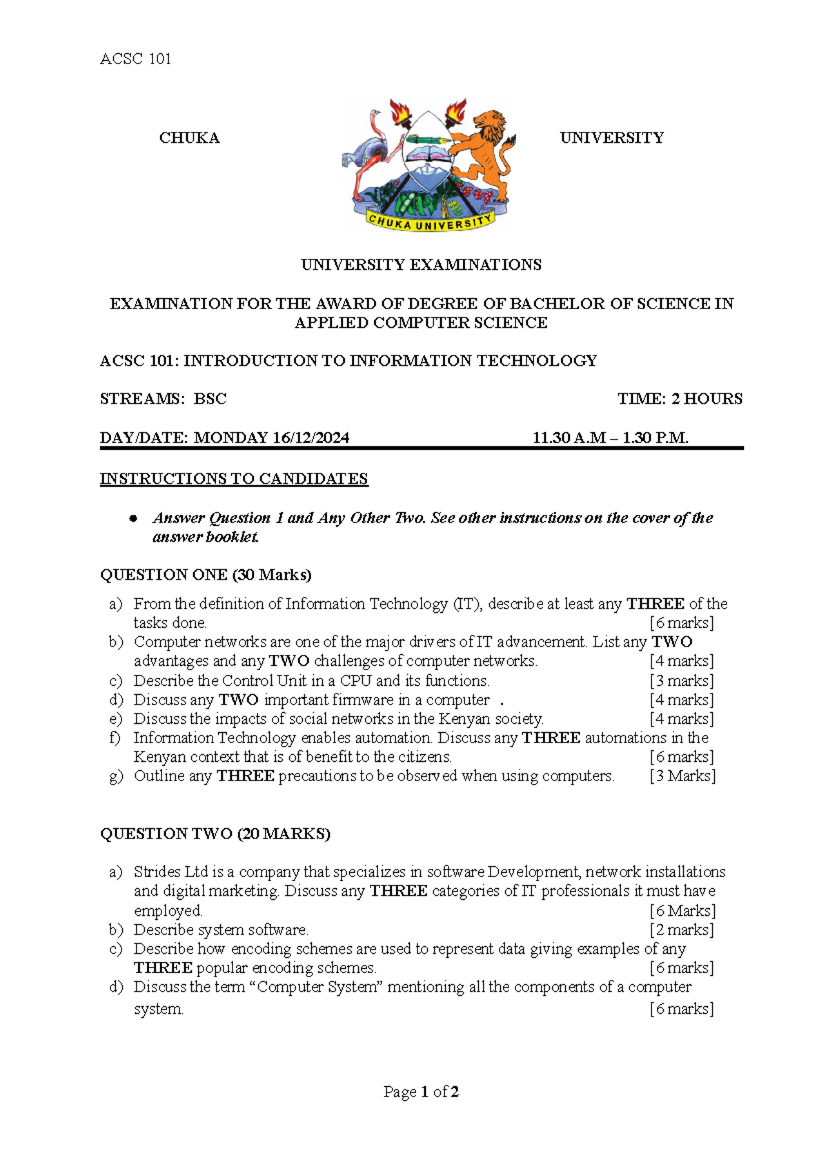 ACSC 101: Introduction to Information Technology Exam Questions - Studocu
