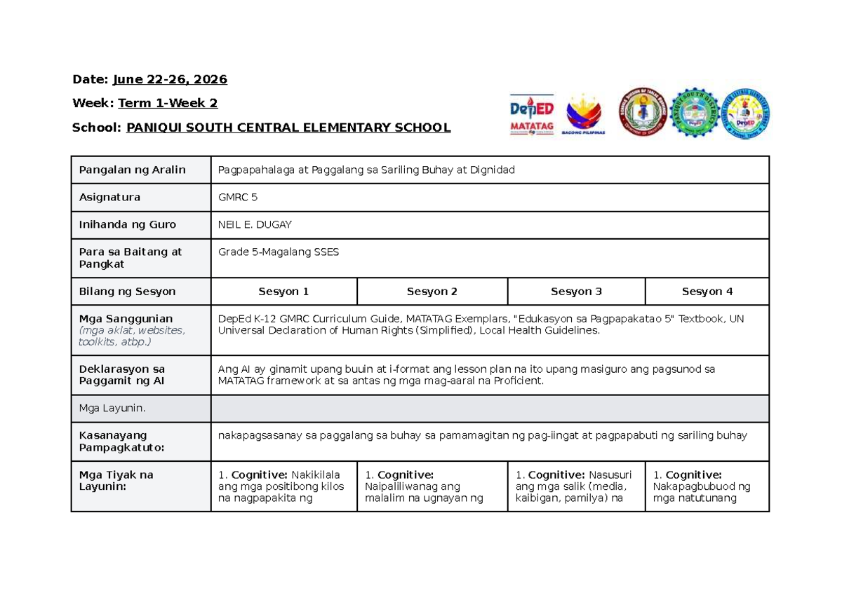 GMRC 5 Term 2 Lesson Plan: Paggalang sa Sariling Buhay at Dignidad ...