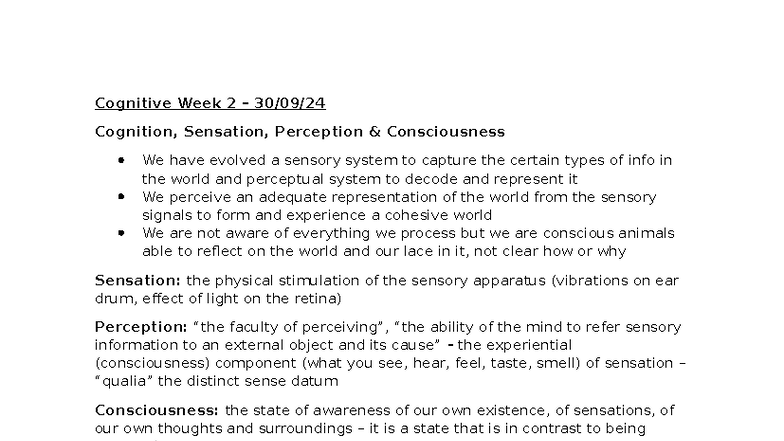 Week 2 - Cognition: Sensation, Perception & Consciousness Insights ...