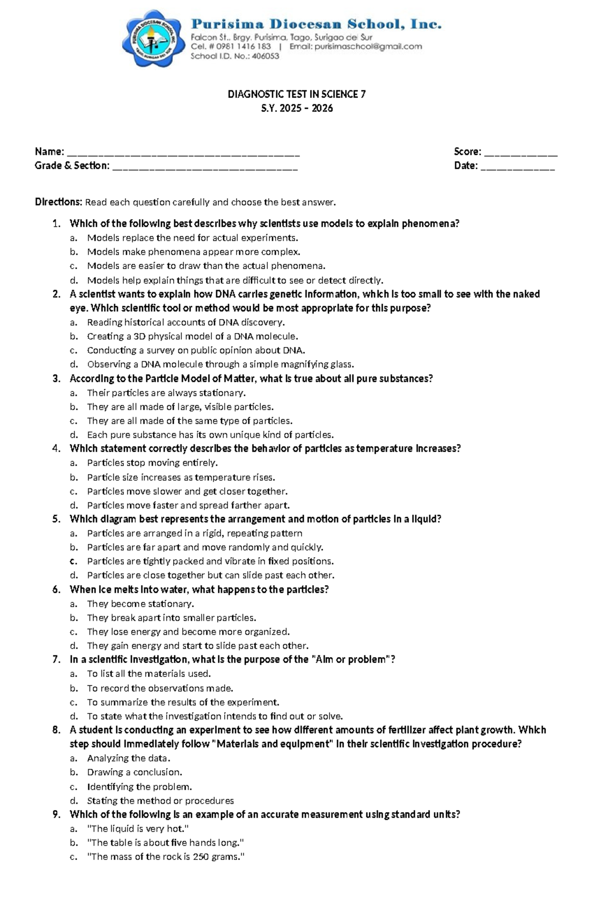 Science 7 - Diagnostic Test S.Y. 2025-2026 - Studocu