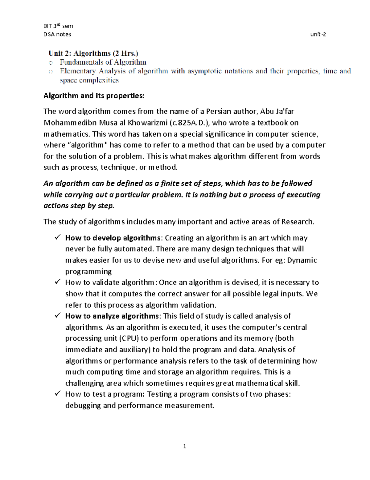 BIT 3rd Sem DSA Notes: Understanding Algorithms and Their Properties ...
