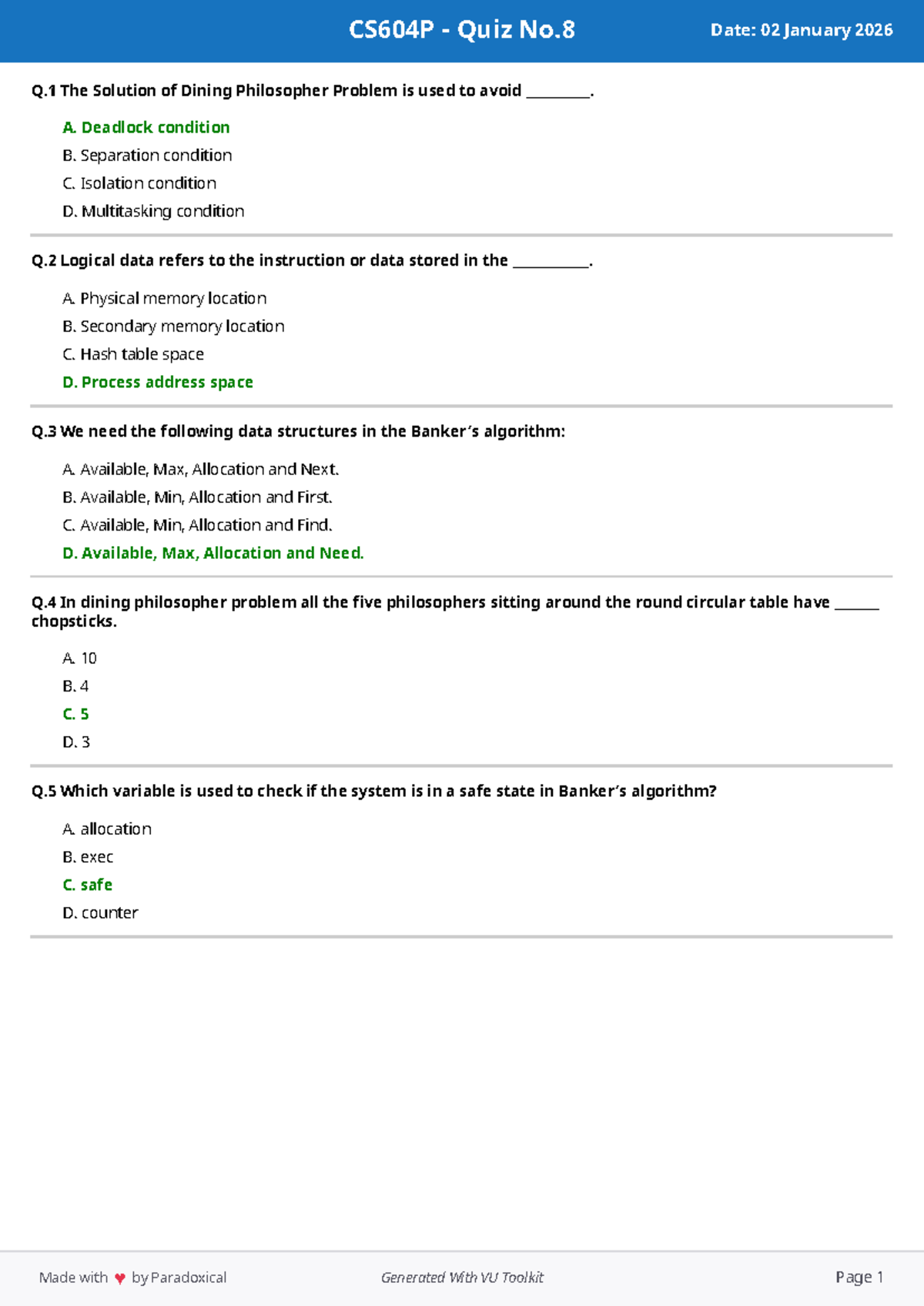 CS604P Quiz No.8 Notes on Dining Philosopher Problem and Data ...