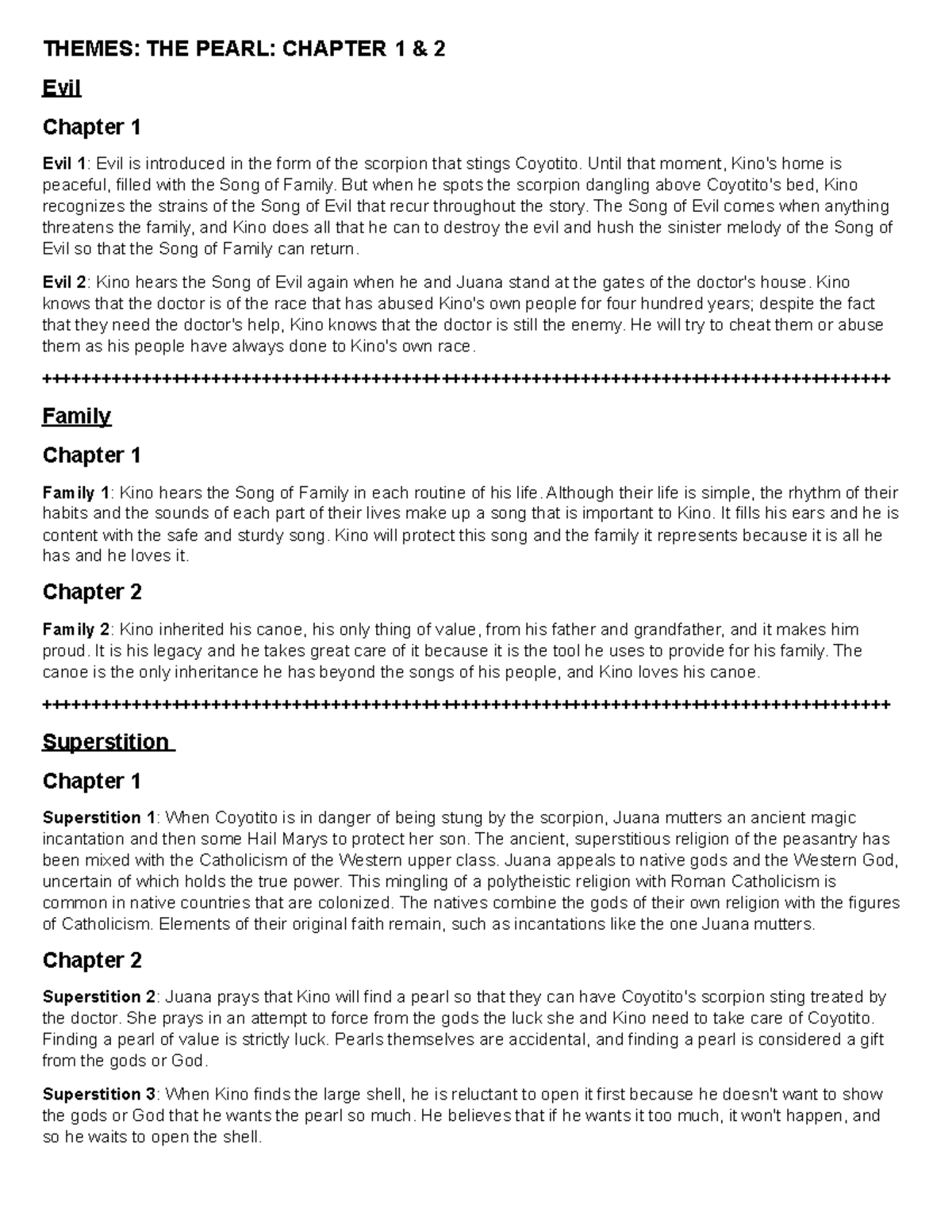 Themes in "The Pearl" (Chapters 1 & 2) - Evil, Family, Superstition - Studocu