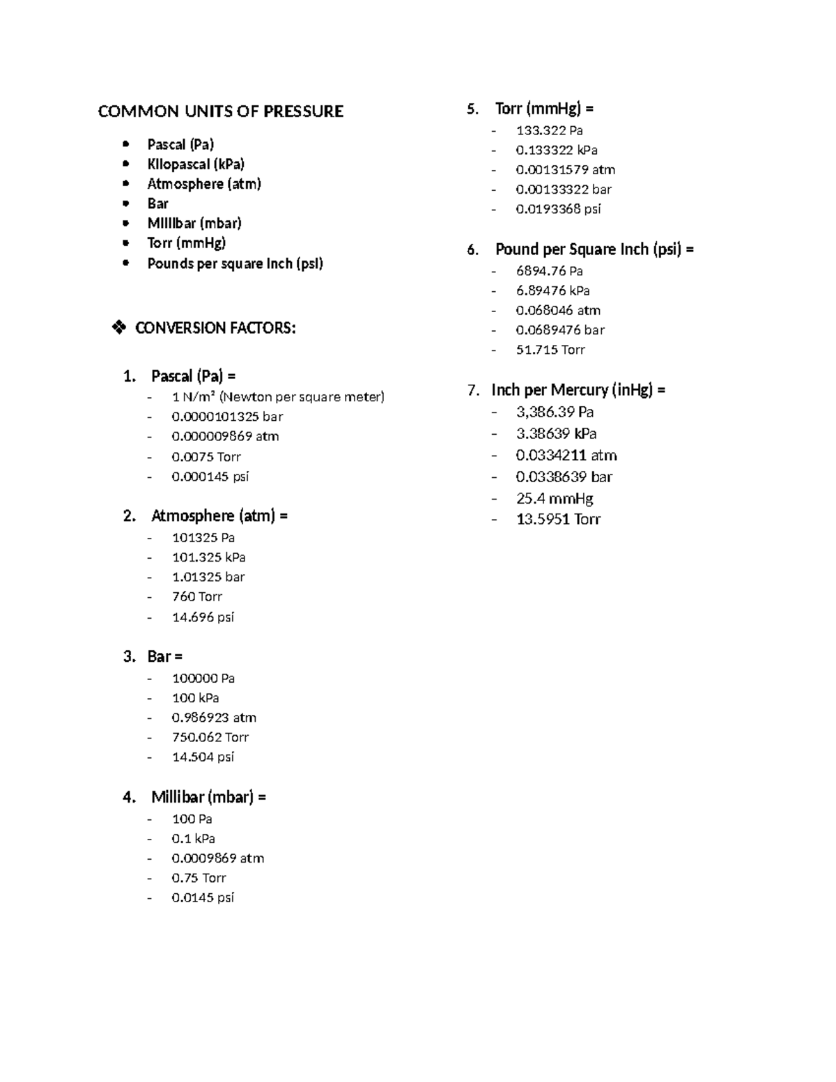 Common Units of Pressure and Energy: Conversion Factors - Studocu