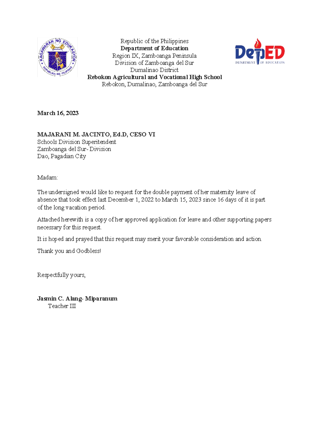 Letter of Intent for Maternity Leave Claim - DepEd - Studocu