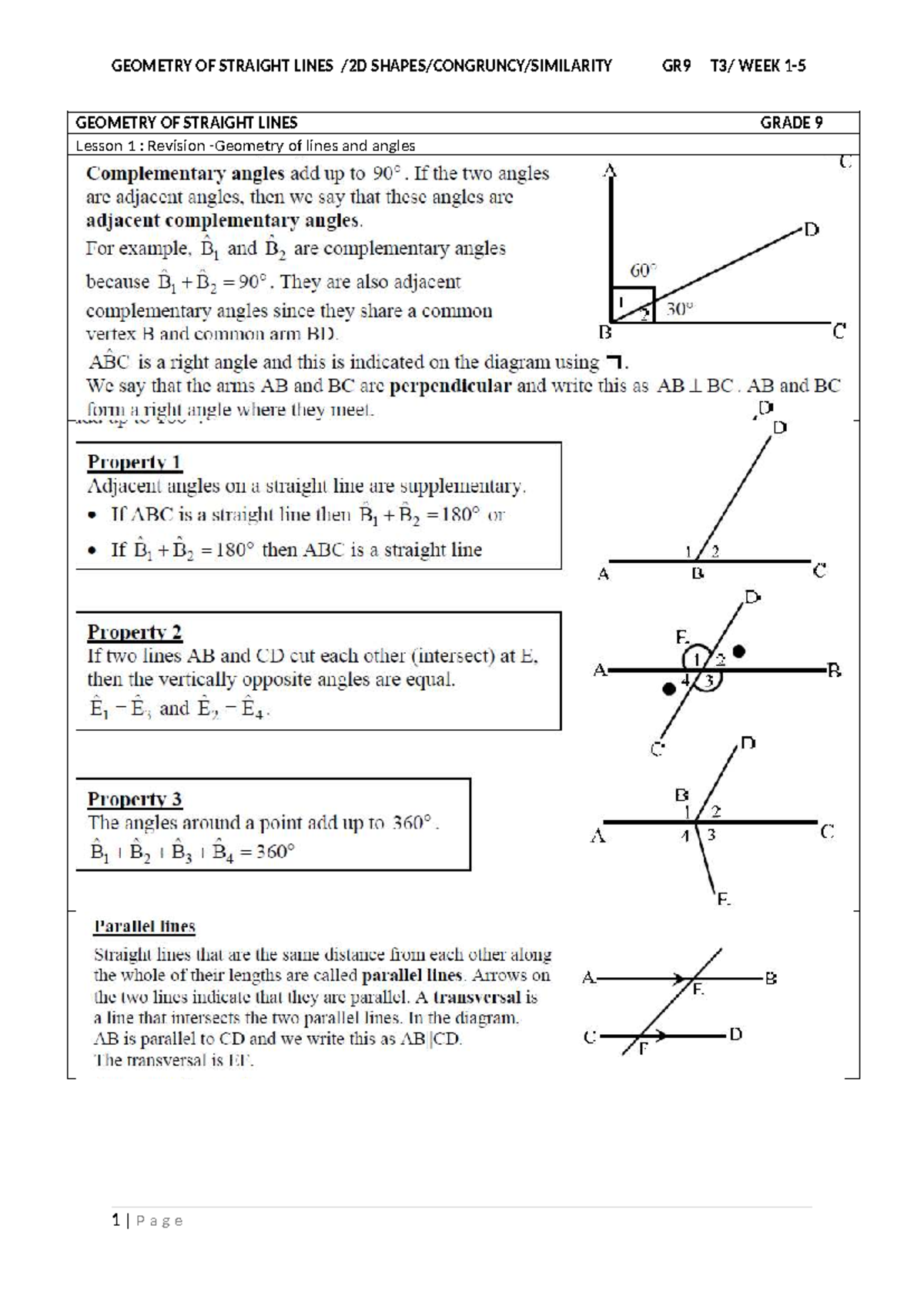 Grade 9 Geometry (GR9): Lines, Angles & Triangles Revision - Studocu