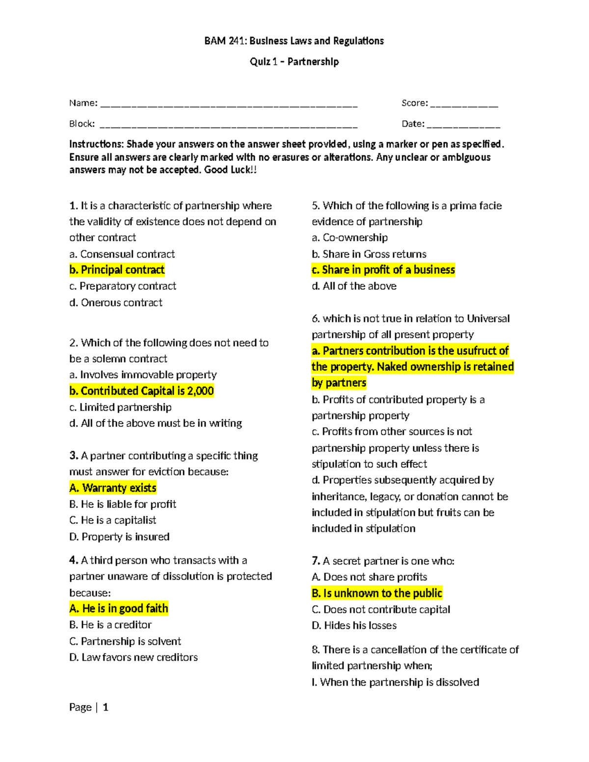 BAM 241: Business Laws and Regulations Quiz 1 - Partnership Concepts ...