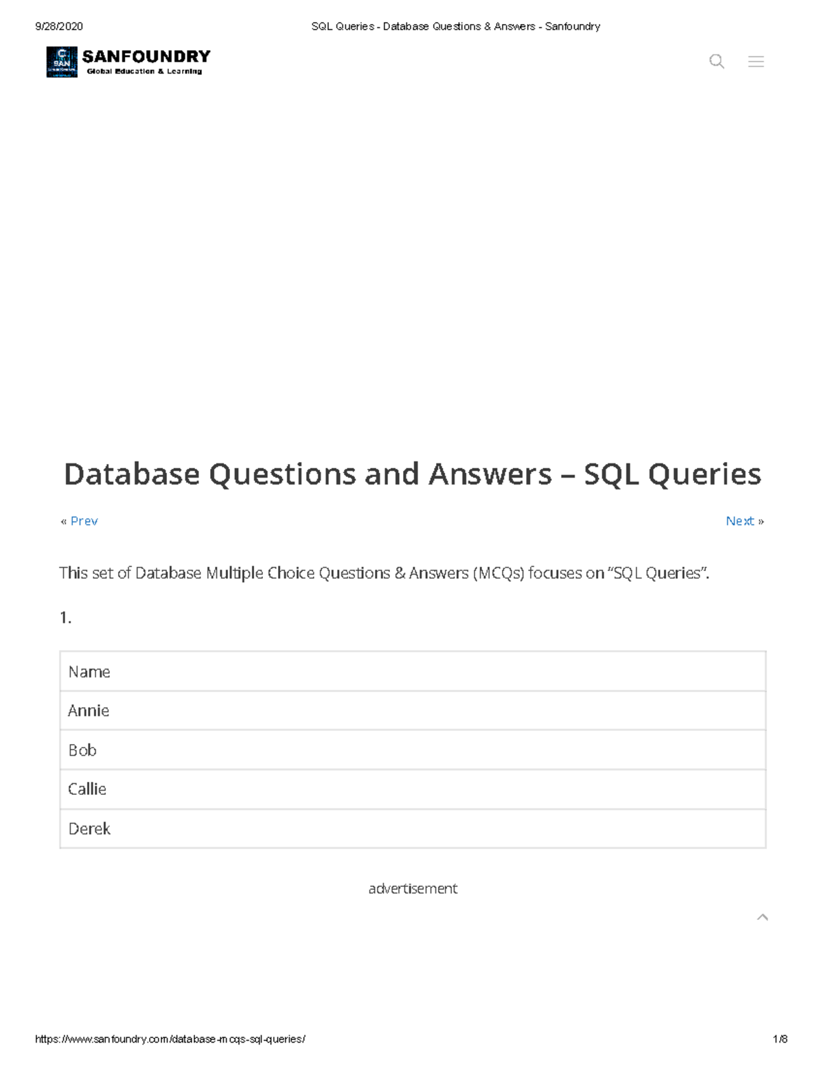 SQL Queries - Database Questions & Answers - Sanfoundry - « Prev Next ...