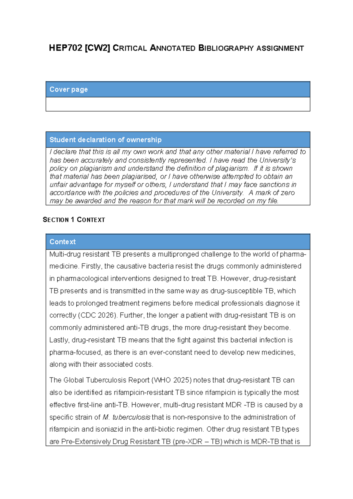 HEP702 Annotated Bibliography on Multi-Drug Resistant TB - Studocu