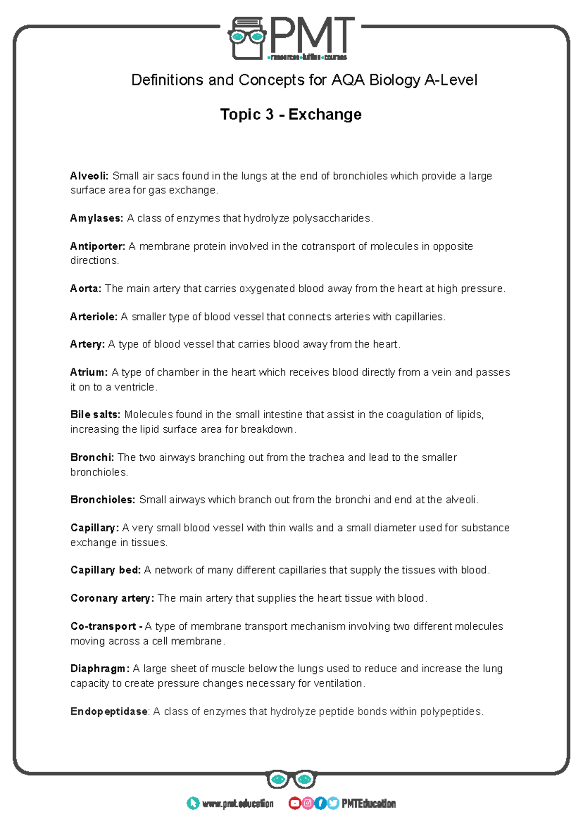 AQA Biology Topic 3: Key Definitions and Concepts on Exchange - Studocu