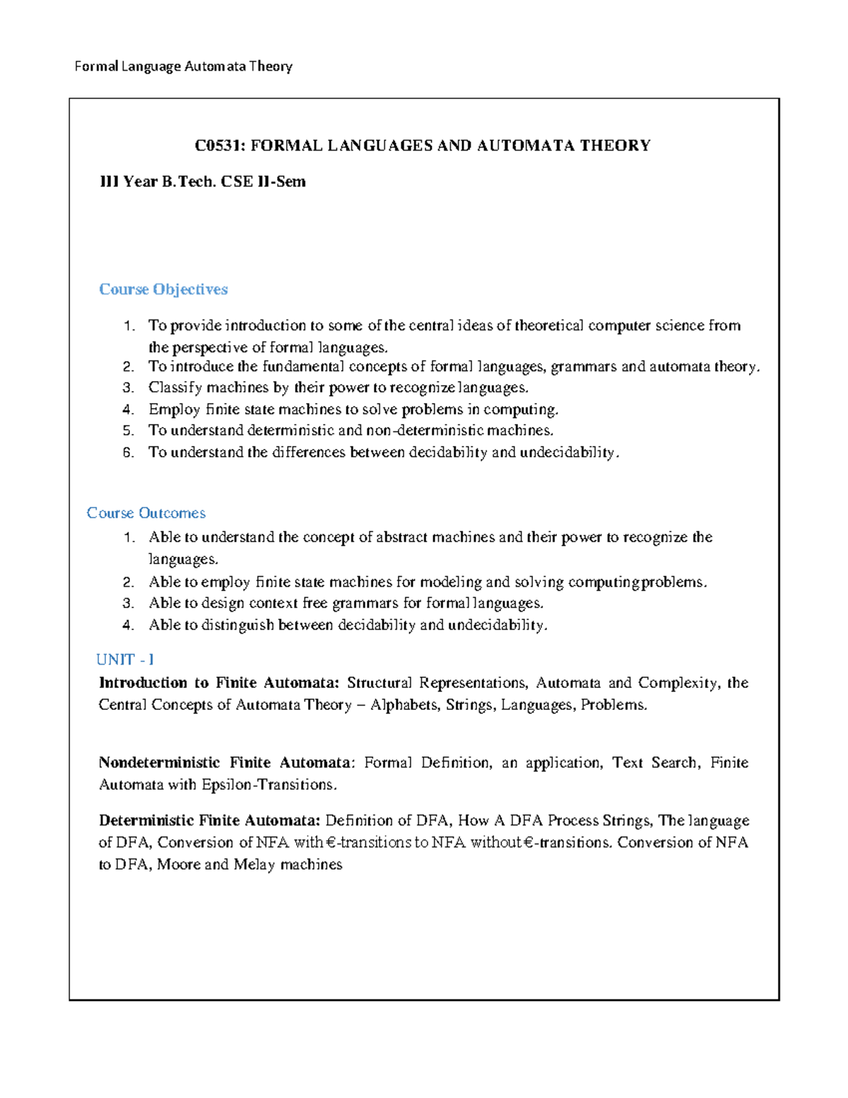 Formal Language Automata Theory C0531: Unit 1 Notes on Finite Automata ...