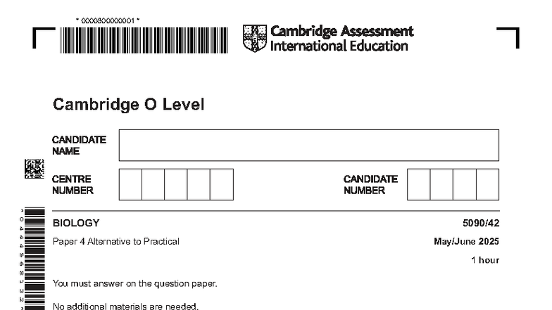 Cambridge O Level 5090/42 Biology Paper 4 Alternative to Practical 2025 ...