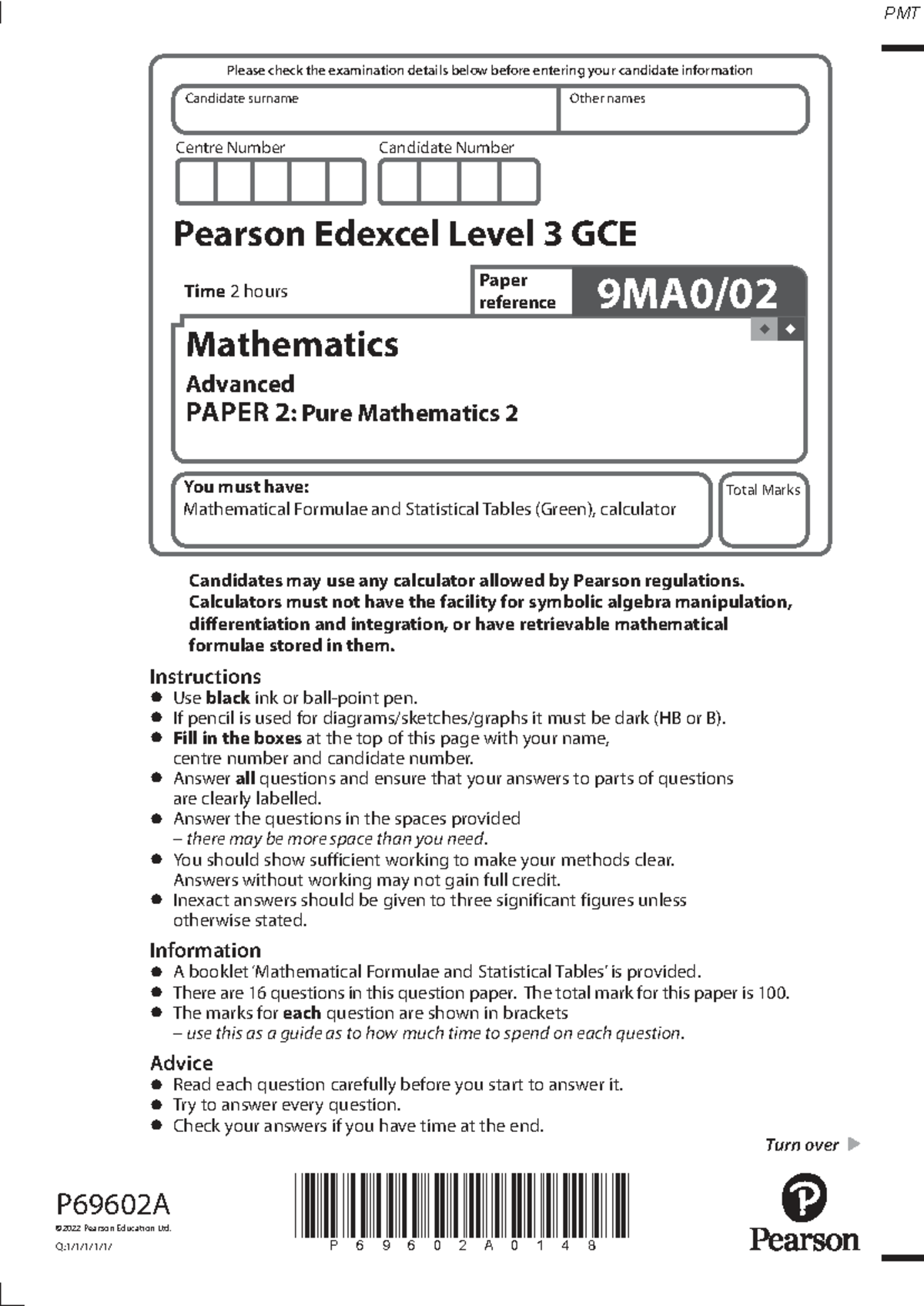 June 2022 PMT - Mathematics Advanced Paper 2: Pure Mathematics Exam ...