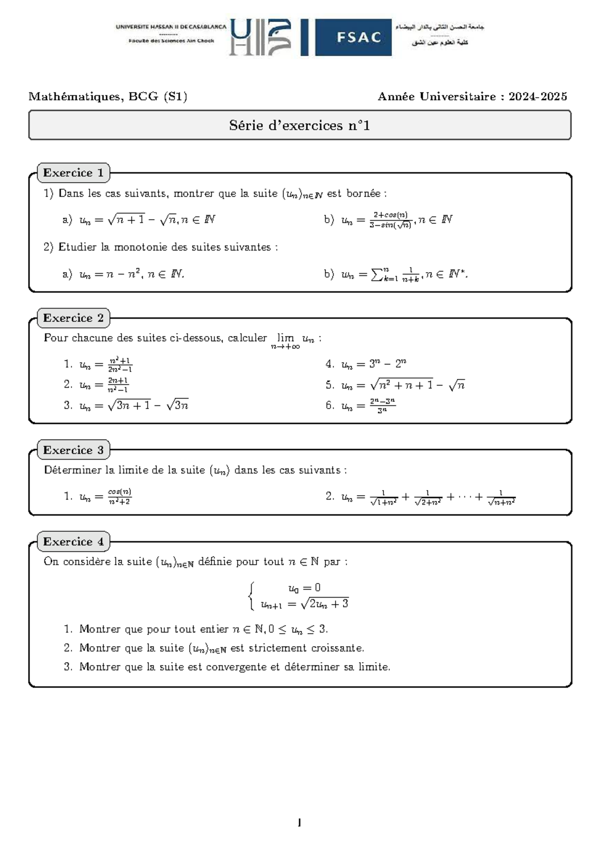 Exercices et Corrections de Mathématiques BCG TD N°1 (S1) - Studocu