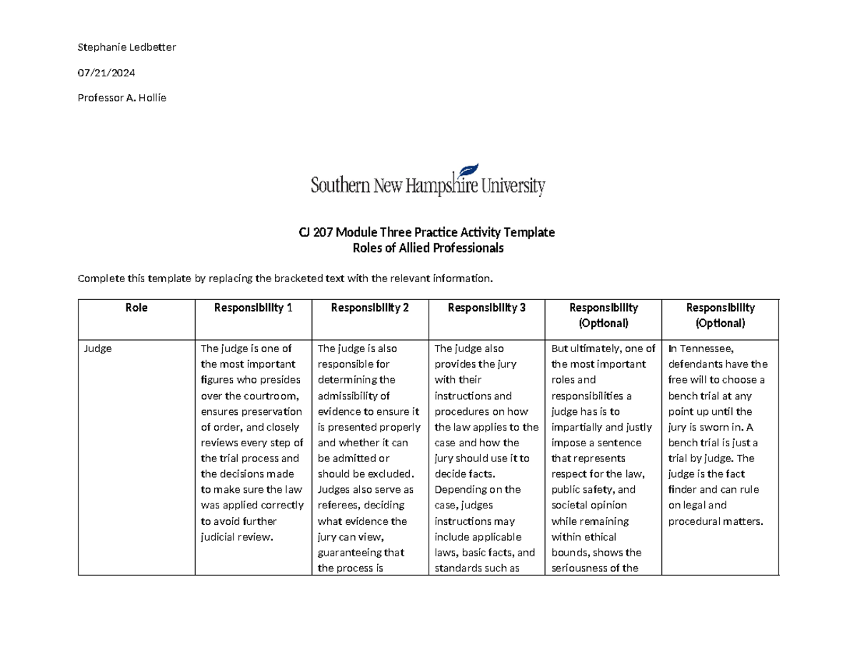 CJ-207 Practice Activity 3-1 Template Finished - 07/21/ Professor A. Hollie CJ 207 Module Three ...