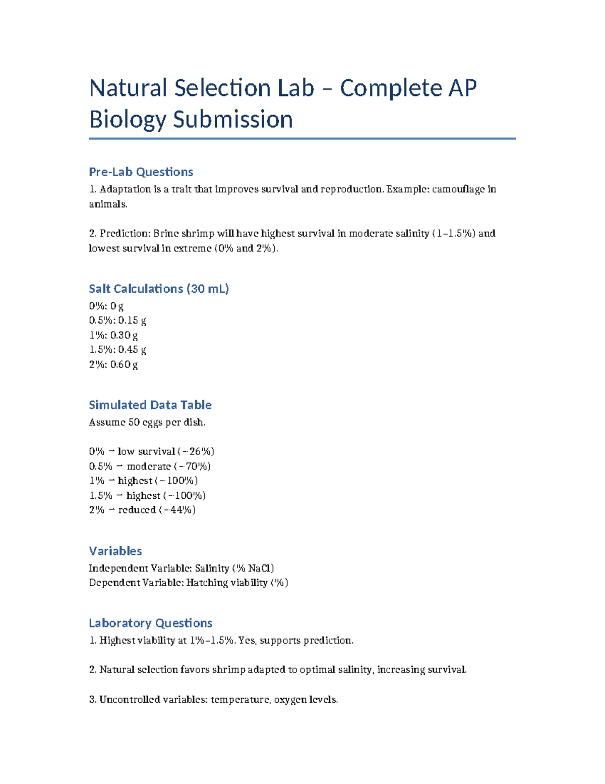 Natural Selection Lab AP Biology Submission Questions - Studocu
