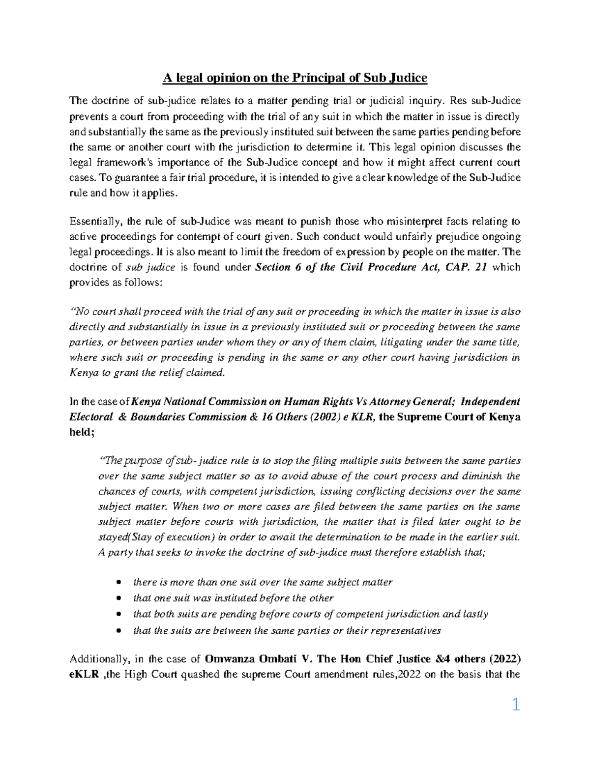 Legal opinion on the Principle of Sub Judice - Res sub-Judice prevents ...