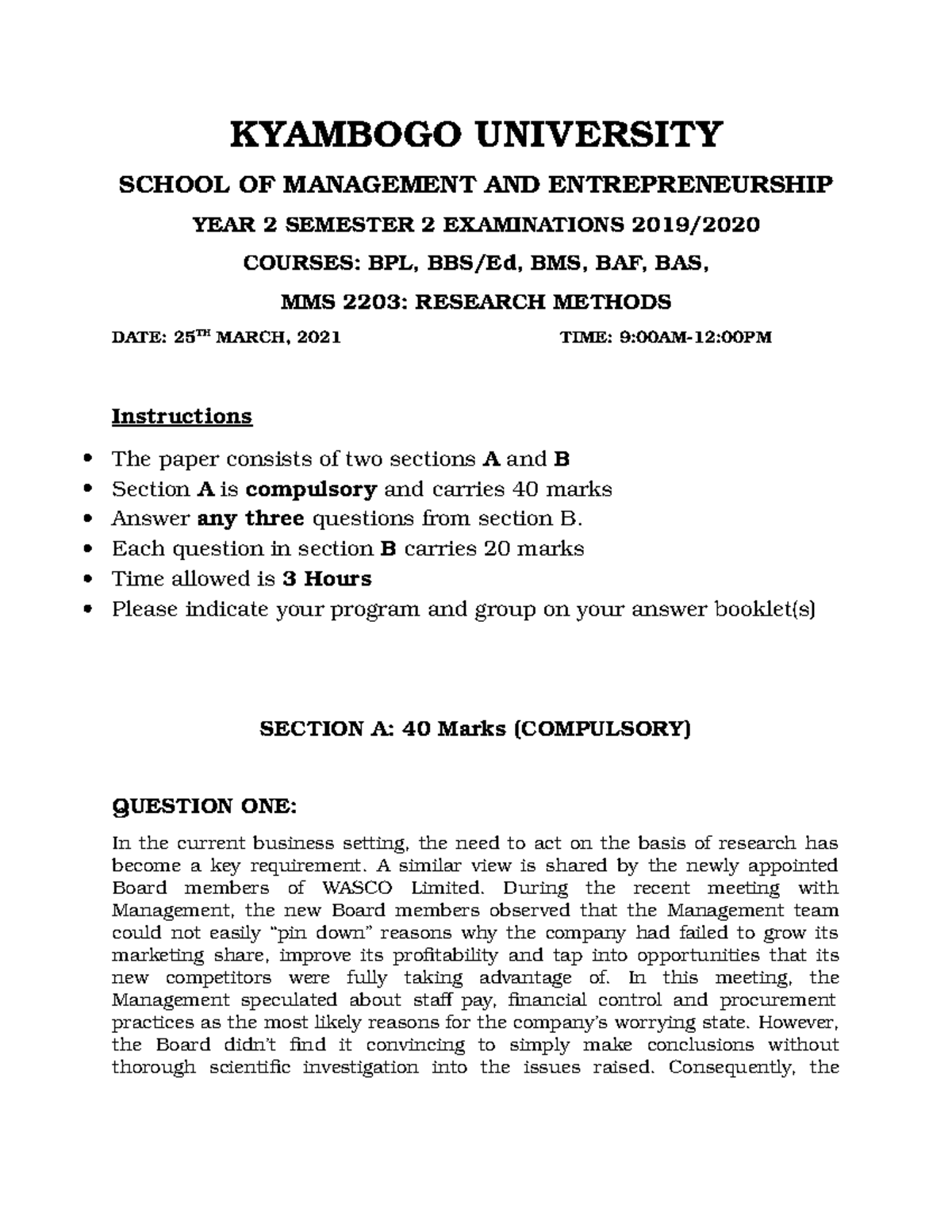 Final Marking Guide for Research Methods (MMS 2203) Exam - Studocu