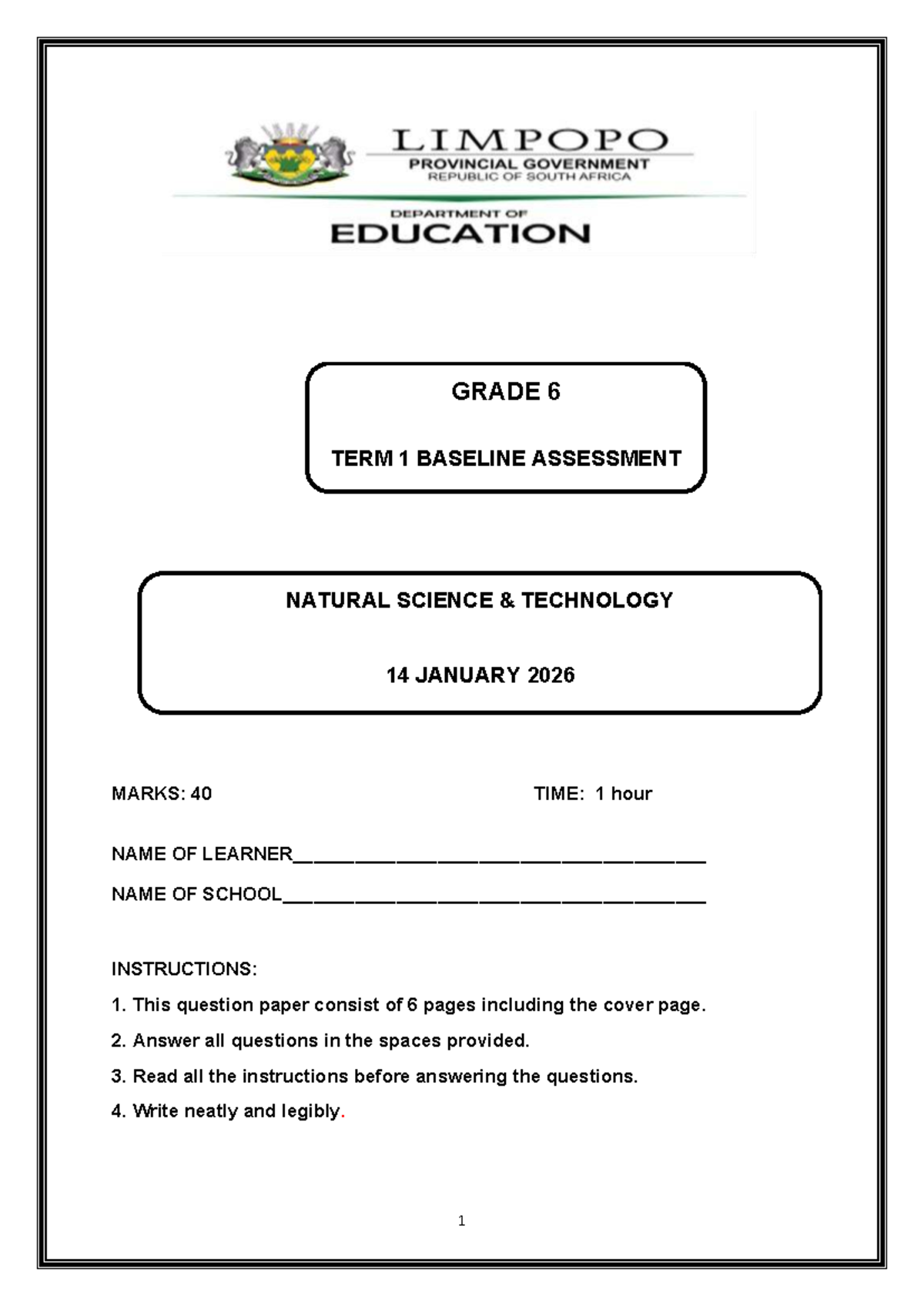 NSTECH GRADE 6 TERM 1 BASELINE ASSESSMENT 14 JAN 2026 - Studocu