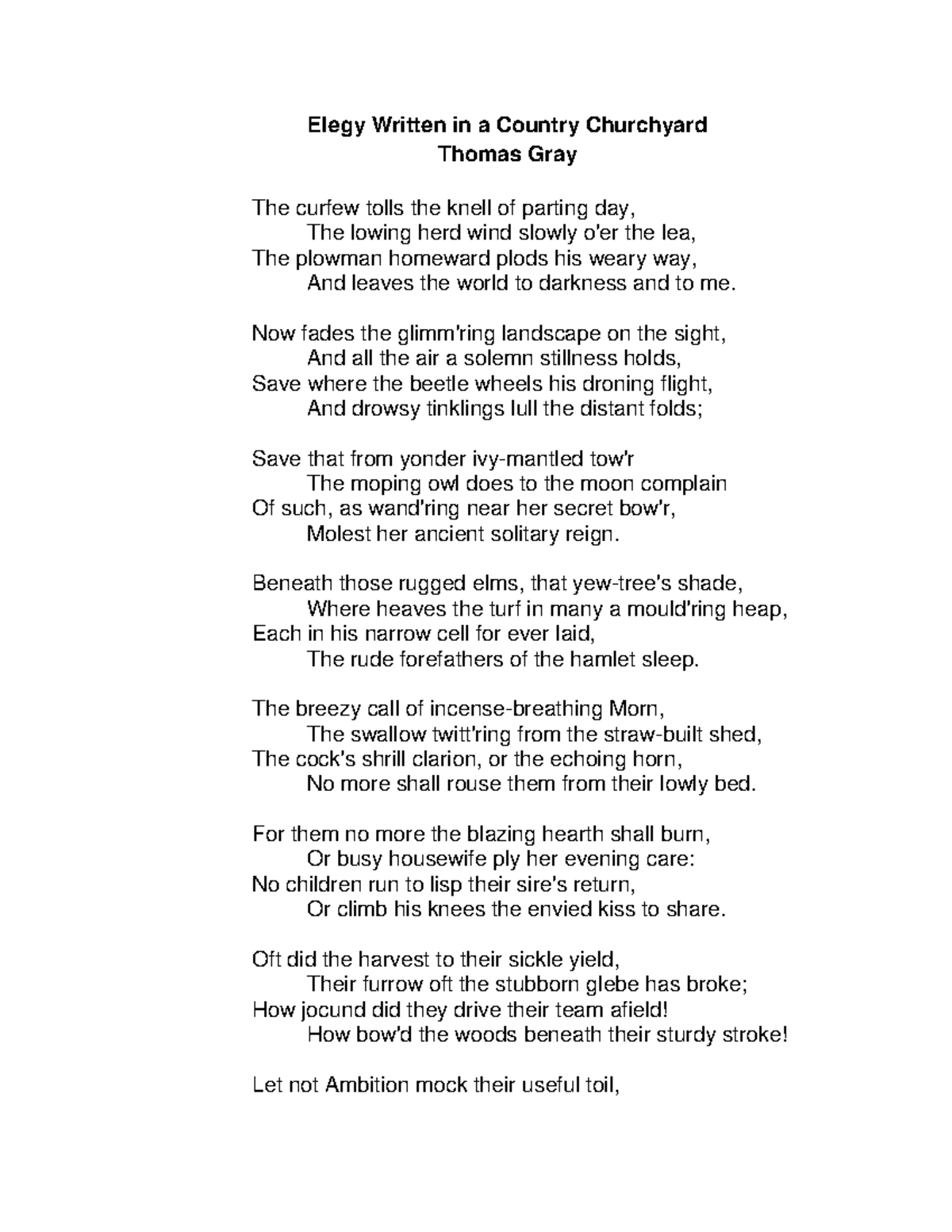 Elegy Written in a Country Churchyard - Thomas Gray Analysis - Studocu