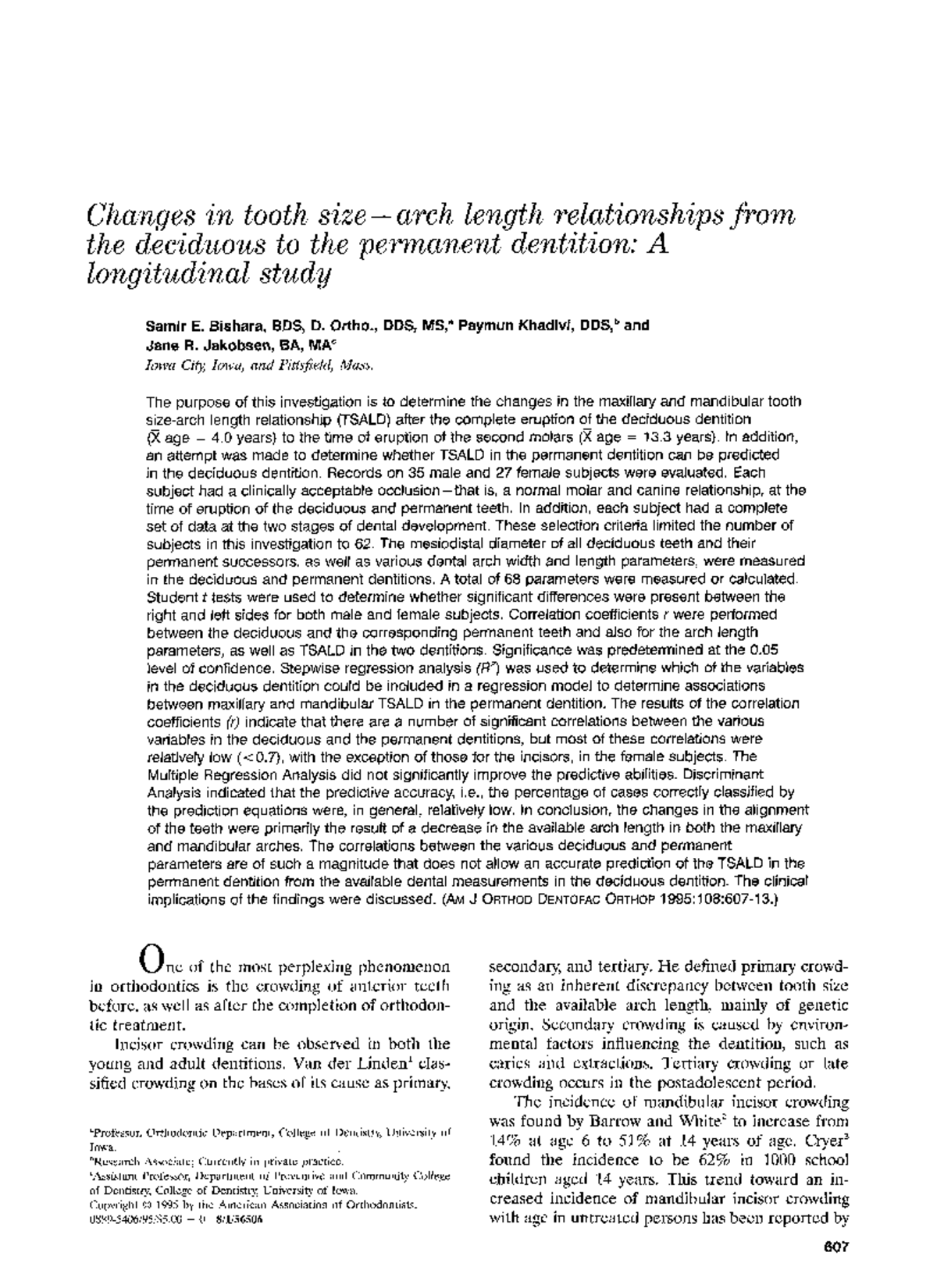 BDS 8 Longitudinal Study on Tooth Size-Arch Length Relationships - Studocu