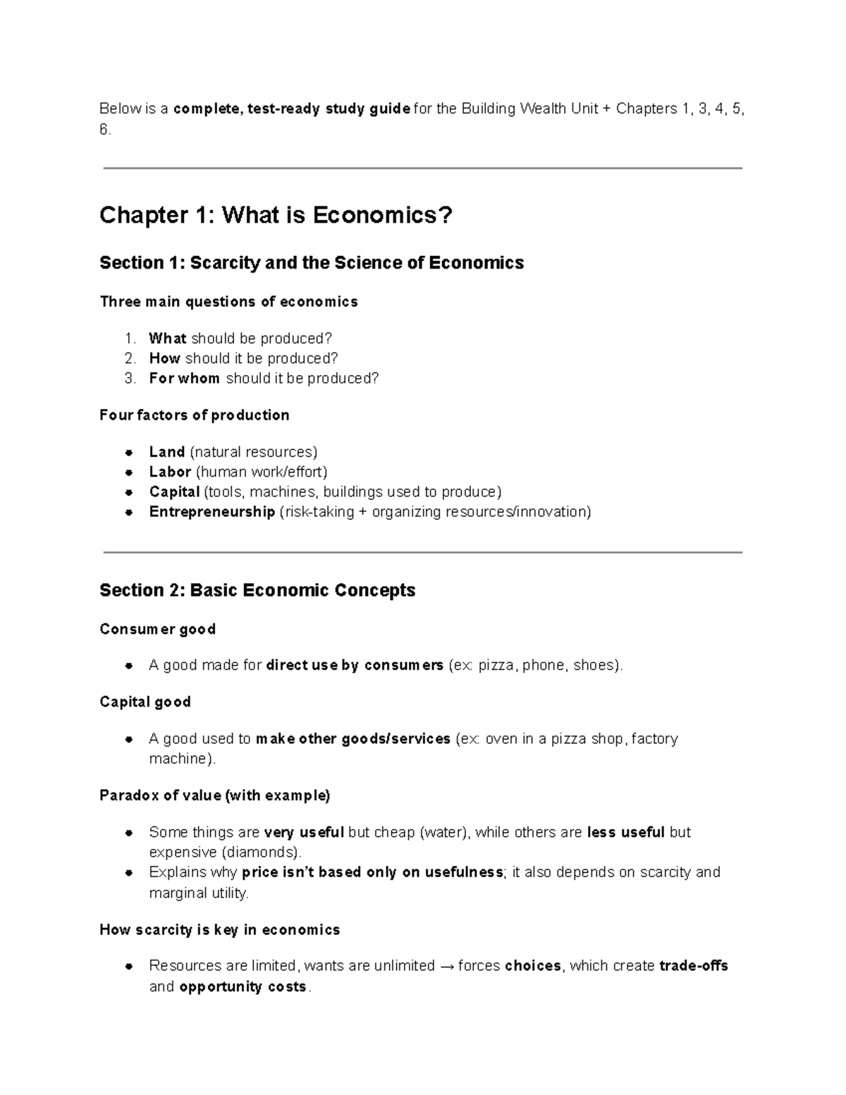 Econ 101: Building Wealth Unit Study Guide for Chapters 1-6 - Studocu