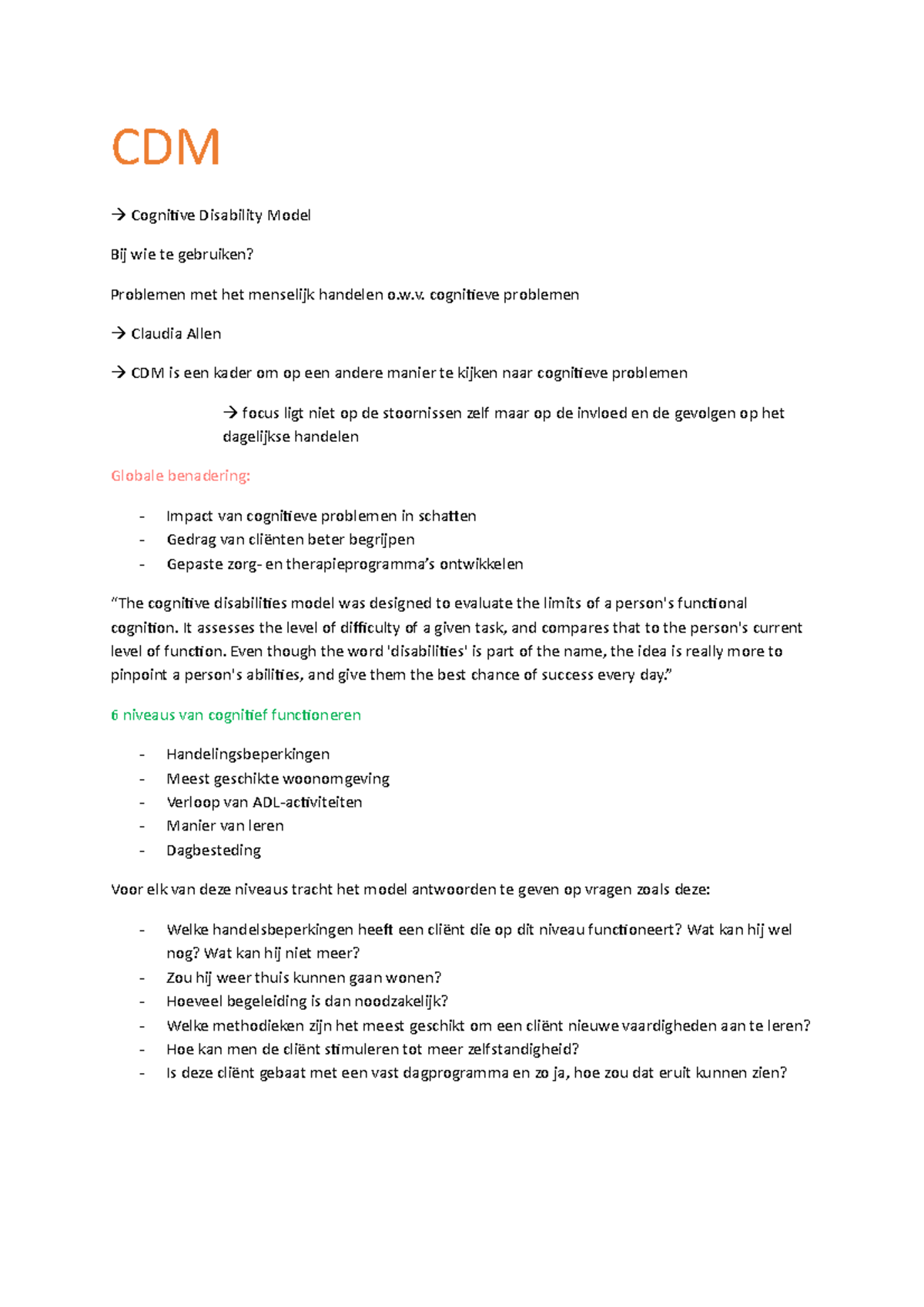 CDM samenvatting - CDM Cognitive Disability Model Bij wie te gebruiken ...