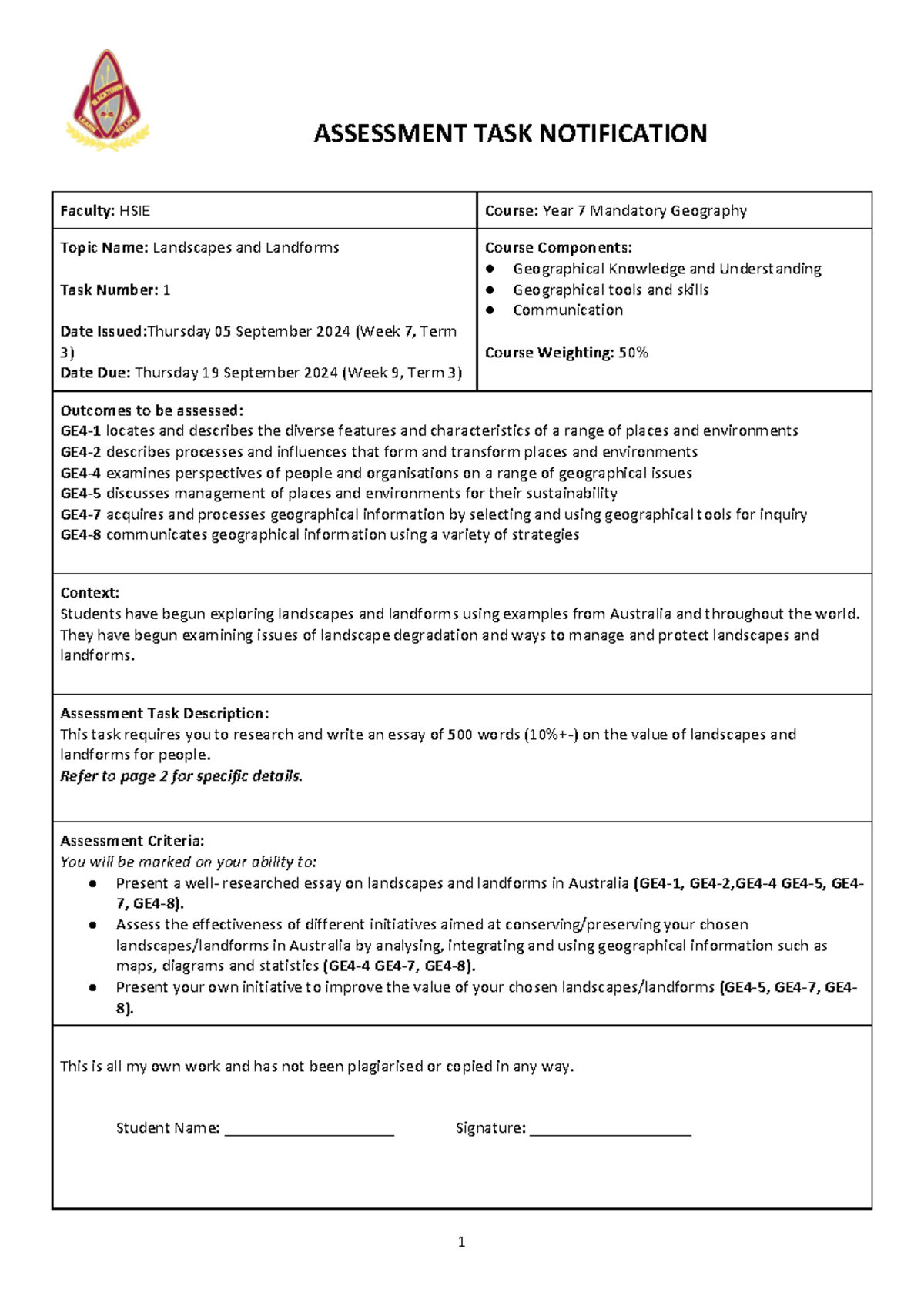 Year 7 Geography Task 1: Essay on Value of Landscapes & Landforms - Studocu