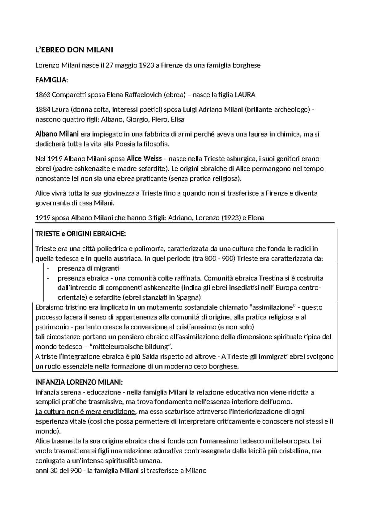 Riassunto: L'Ebreo Don Milani - Storia e Pedagogia - Studocu