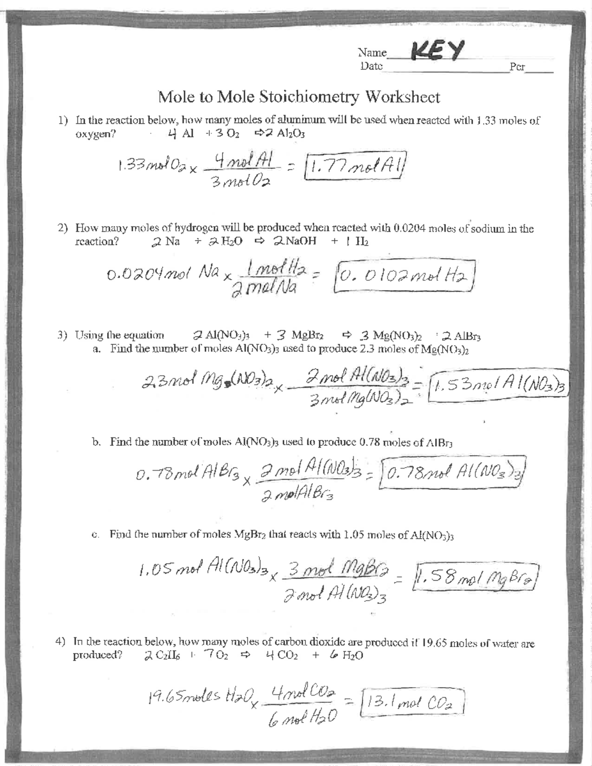 Mole to Mole Stoichiometry Worksheet KEY for Chemistry Course - Studocu