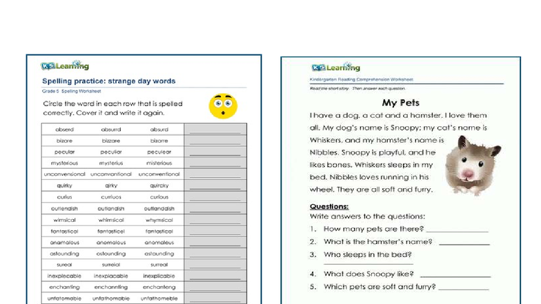 K5 Spelling Practice & Reading Comprehension Worksheet - Studocu