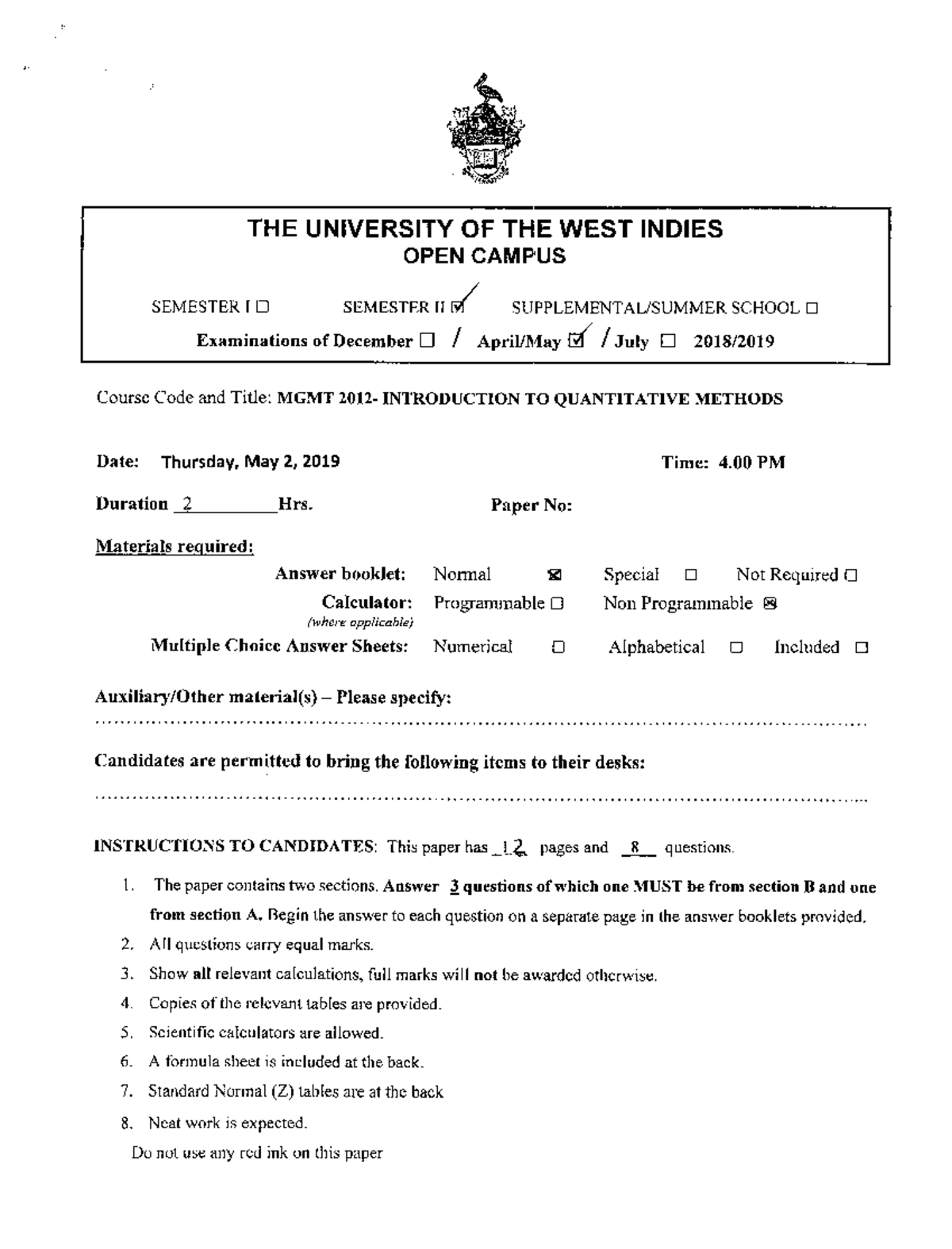 MGMT2012 201902 OC - Past Paper - Quantitative Methods - Studocu