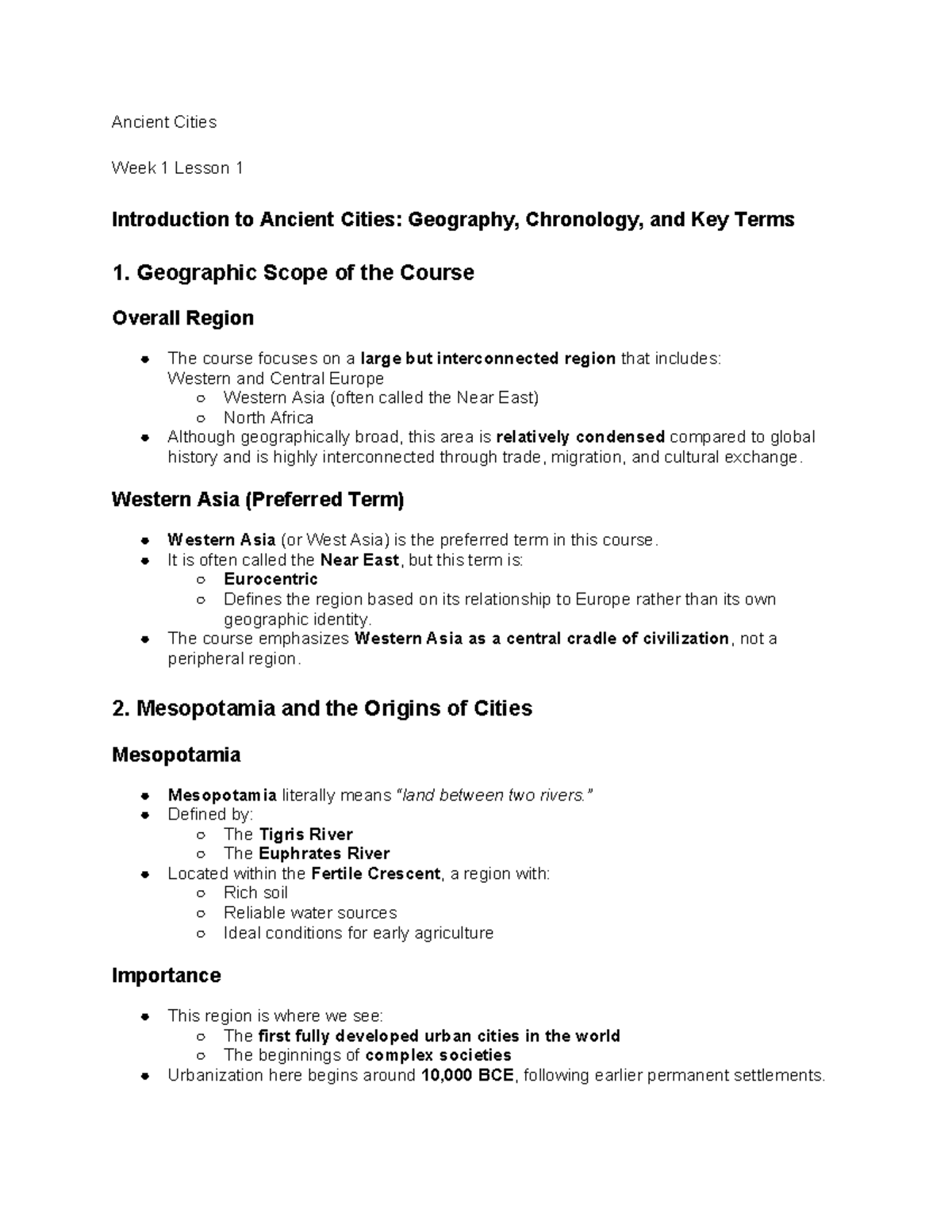 Ancient Cities (HIST 101) Week 1 Lecture Notes: Geography & Urban ...