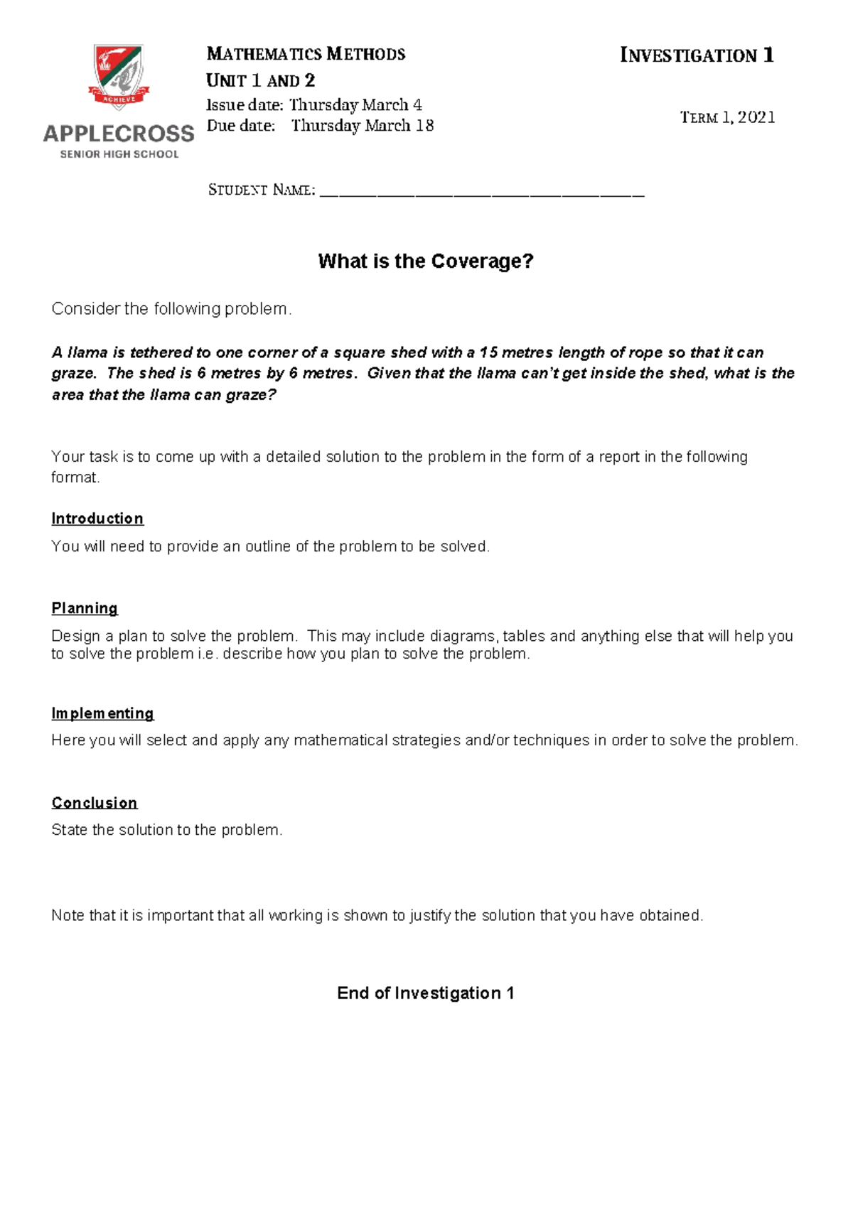 MATHEMATICS METHODS 11 MAM Investigation 1: Grazing Area Problem - Studocu