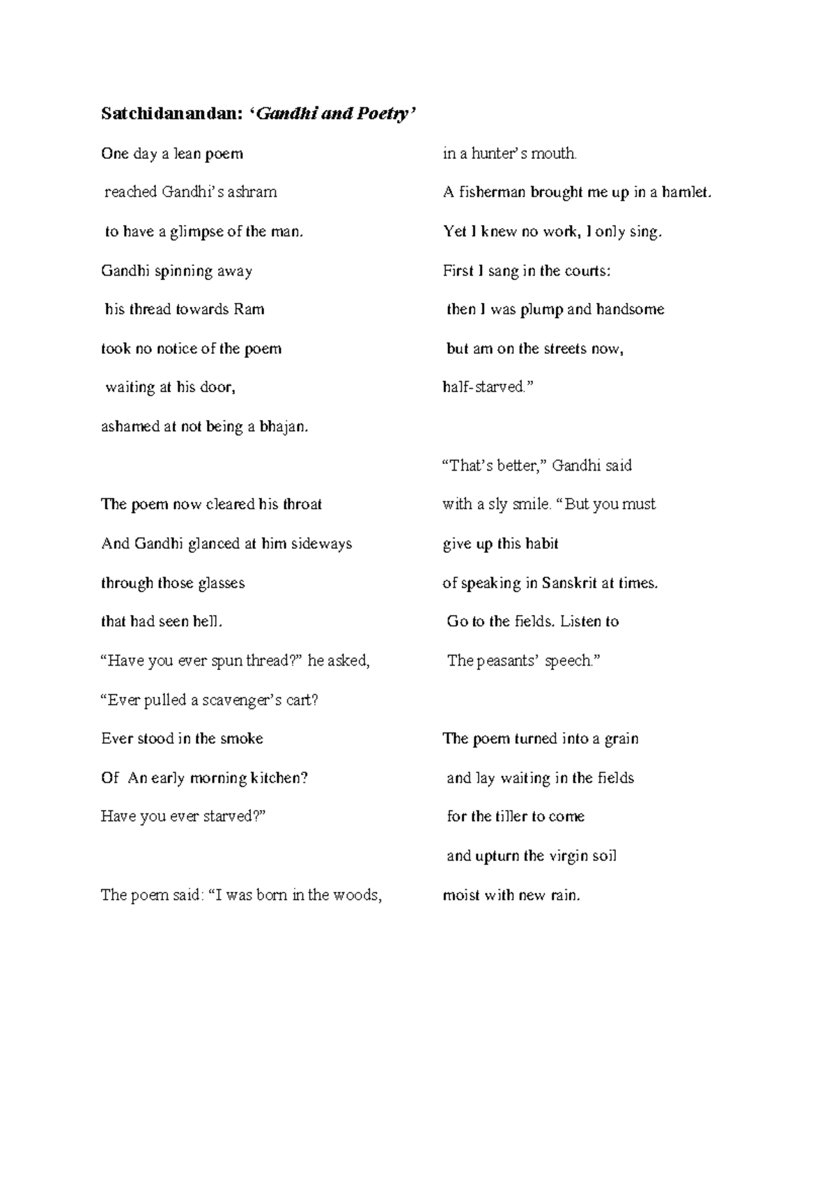 SPLT 456966458761974237: Analysis of Satchidanandan's Poem - Studocu