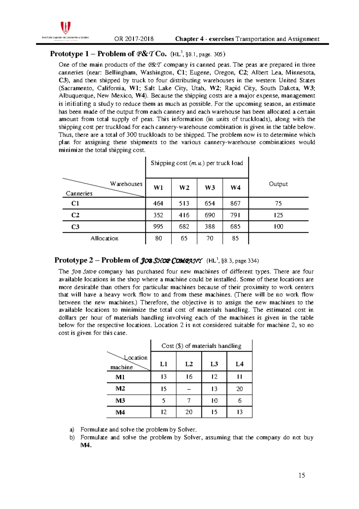 OR Chapter 4 Exercises: Transportation & Assignment Problems (HL1) - Studocu