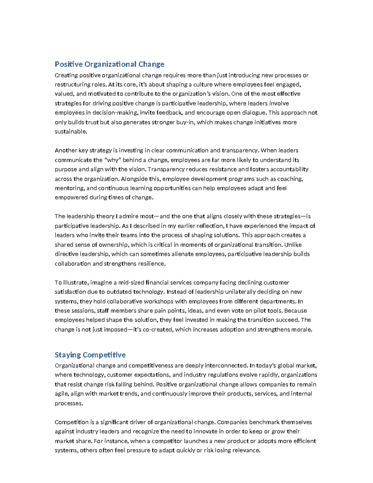 POS 101: Reflection on Positive Organizational Change Strategies - Studocu