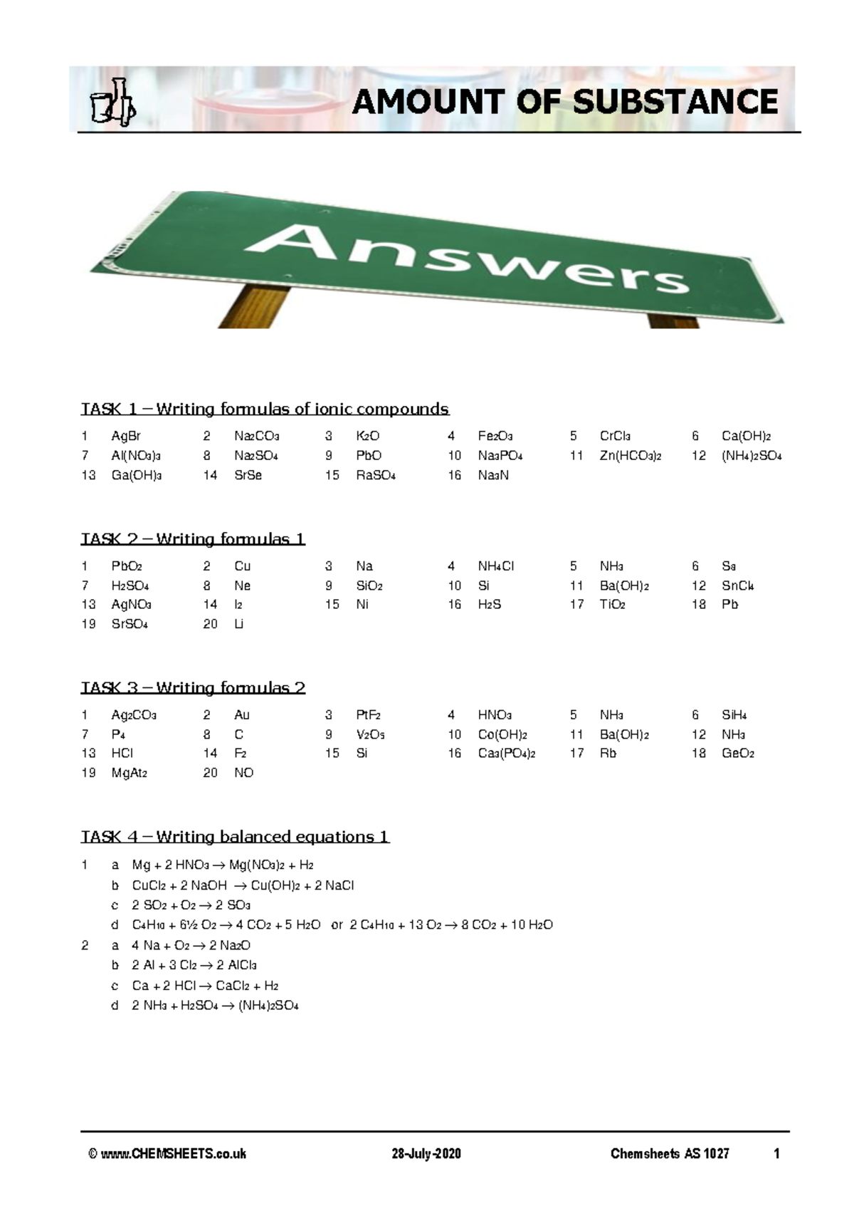 Chemsheets AS 1027 Amount of substance ANS - TASK 1 – Writing formulas ...