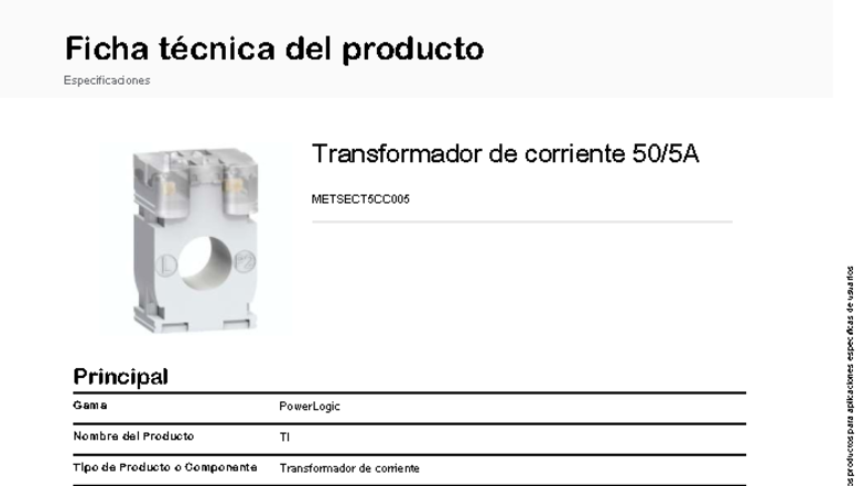 Especificaciones del Transformador de Corriente METSECT5CC005 - Studocu