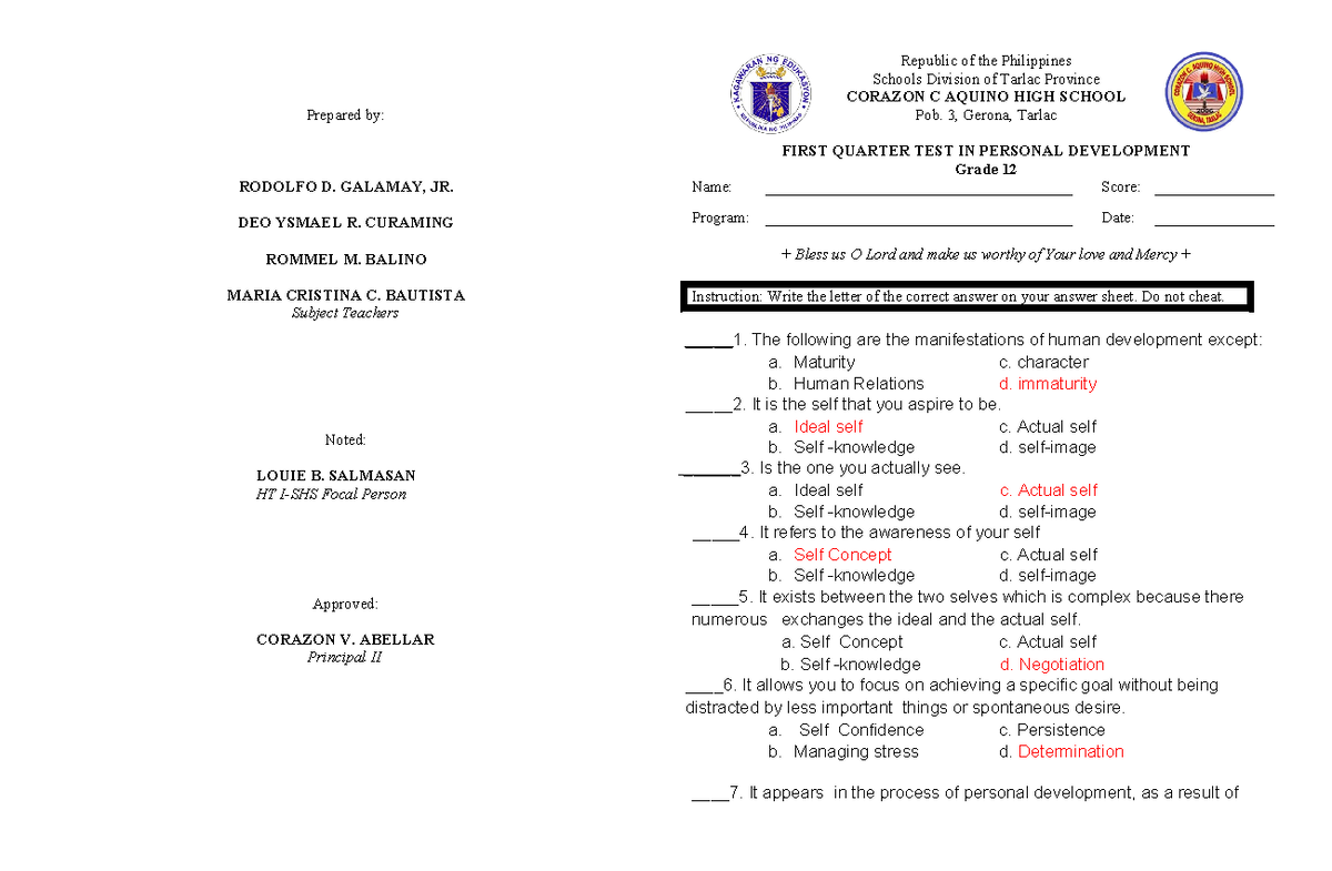 Personal development Quarter Exam revised 2018 - Prepared by: RODOLFO D ...