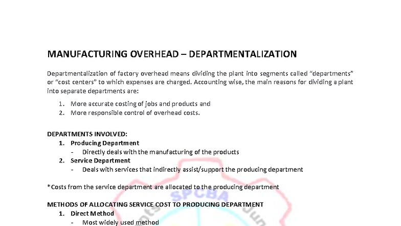 Manufacturing Overhead Departmentalization: Cost Allocation Methods ...