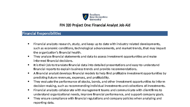FIN 320 Project One: Financial Analyst Job Aid Overview - Studocu
