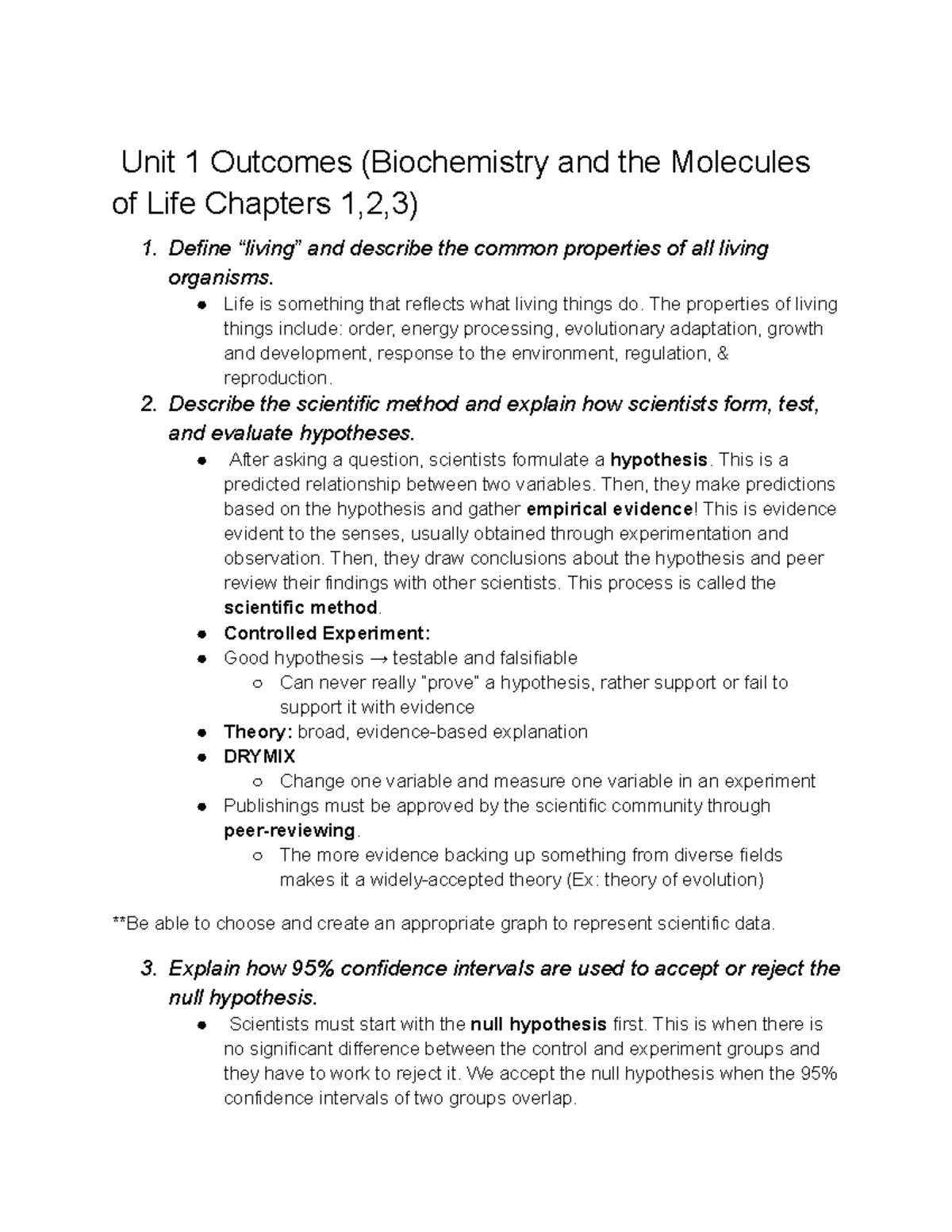 Bio Study Guide - Semester 1 of Honors Bio - Unit 1 Outcomes ...